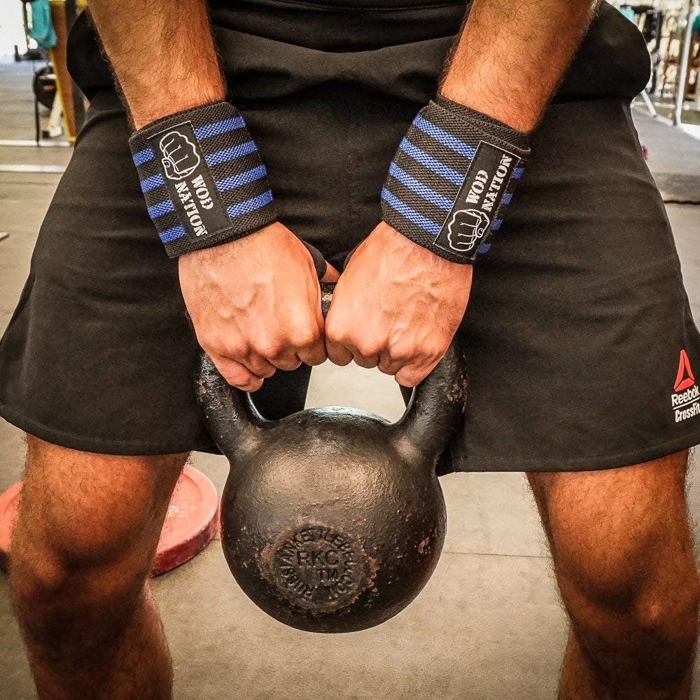 WOD Nation Wrist Wraps for Weightlifting, 12β Professional Gym Wrist Straps w/Thumb Loop Men & Women, Wrist Support Wraps for Strength Training, Powerlifting & Bodybuilding (Black/DK Blue)