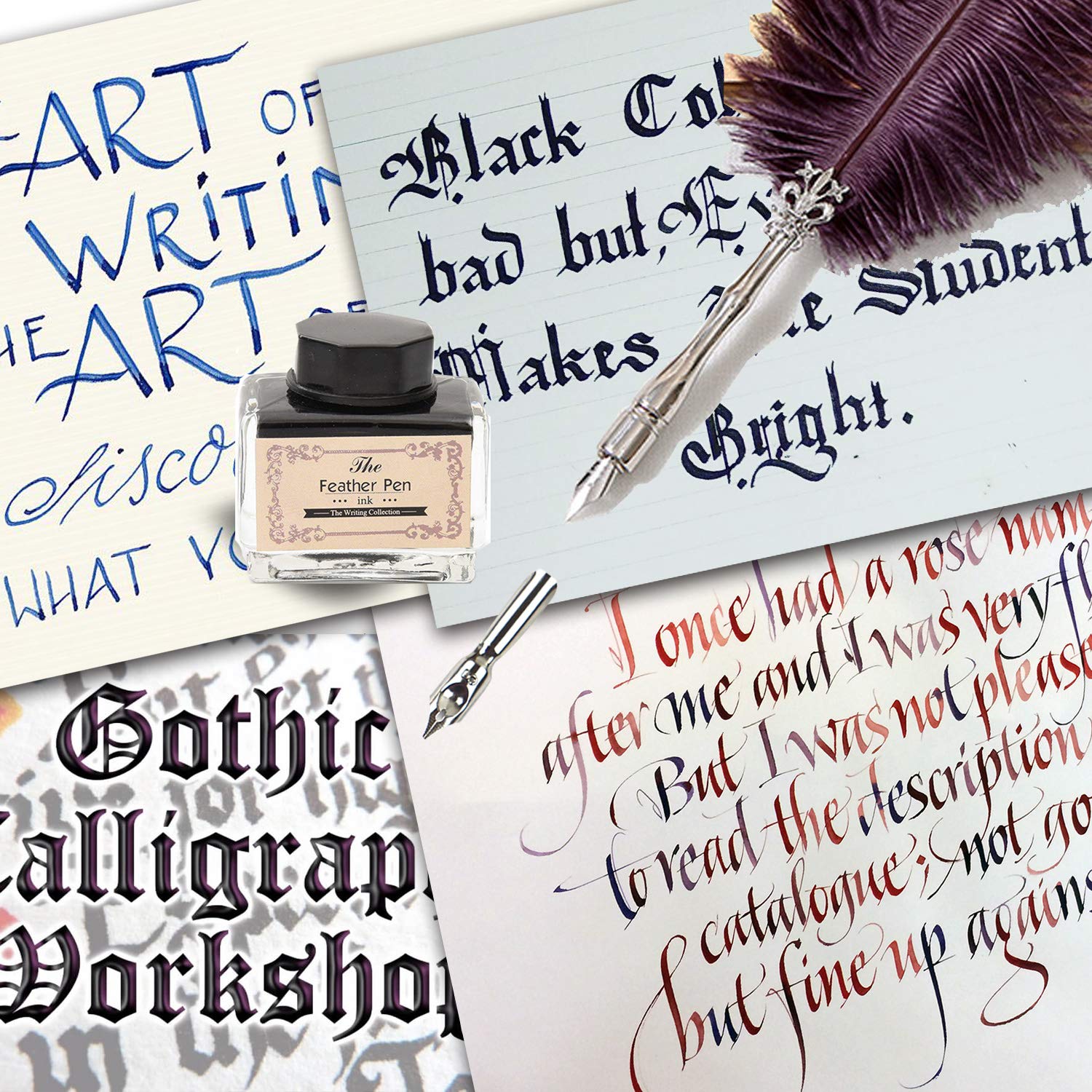 ZZKOKO Calligraphy Pens Set - Quill Pen Set for Beginners, Calligraphy Set Includes Feather Dip Pen, Seal Stamp, 3 Wax Seal Sticks, White Wax, 5 Nibs, Black Ink Bottle