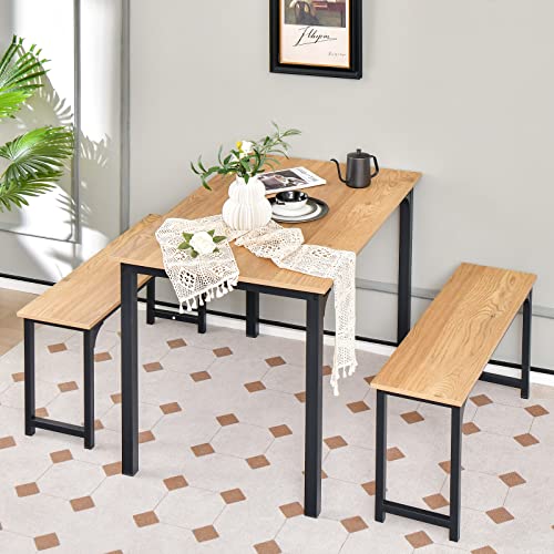 Tangkula Dining Table Set for 4, Solid Wood, Farmhouse Dinette Set w/Rubber Wood Legs, Modern Dining Table and Chairs Set for Kitchen, Dining Room (Natural)