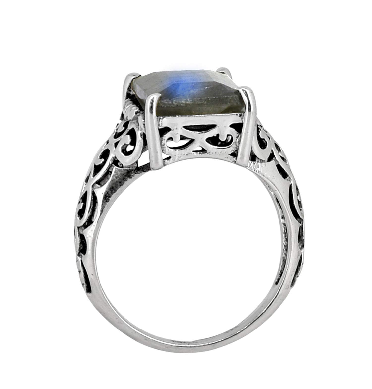 YoTreasure 10x12MM Blue Fire Labradorite Filigree Ring Solid 925 Sterling Silver Jewelry