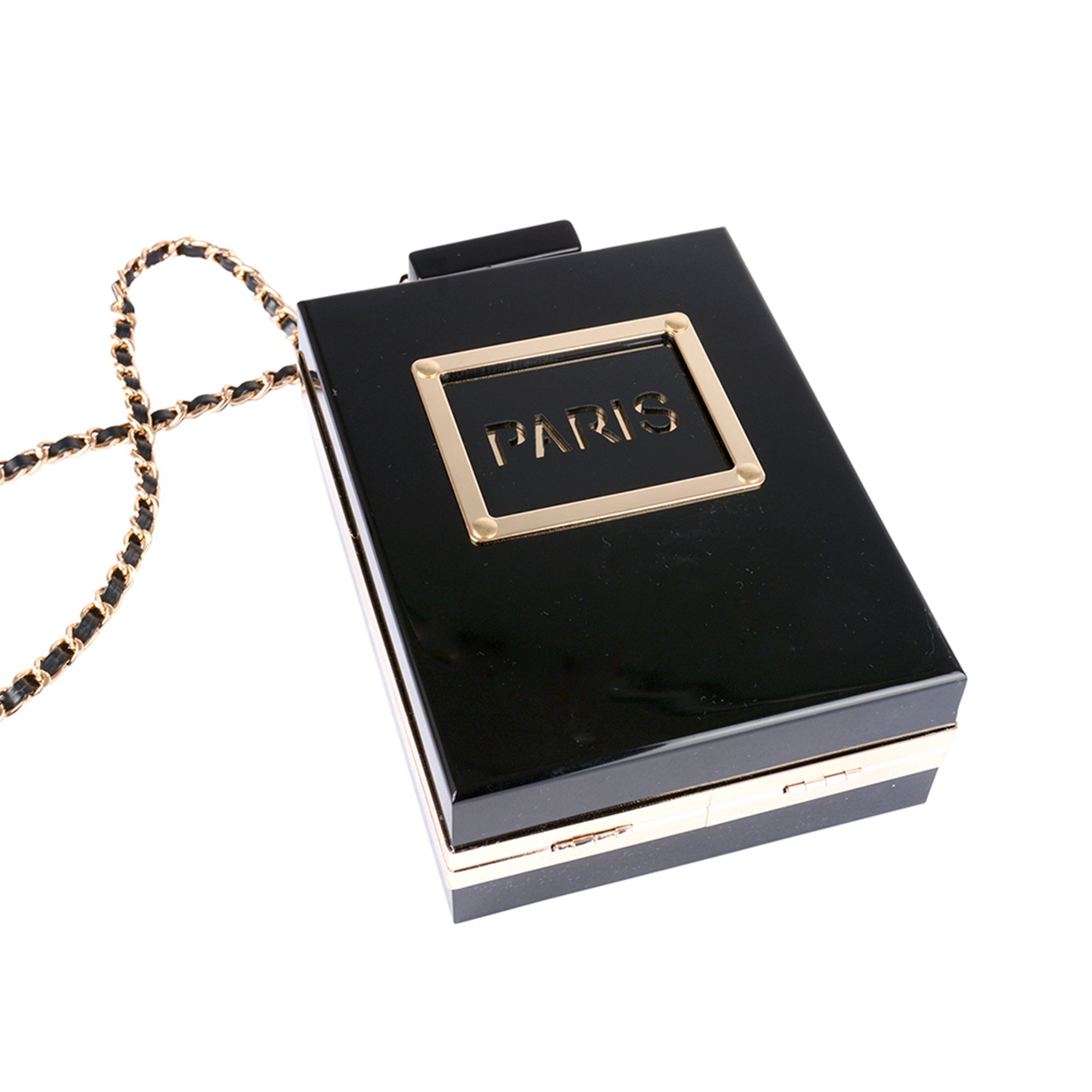 Women Acrylic Black Paris Perfume Shape Evening Bags Purses Clutch Vintage Banquet Handbag