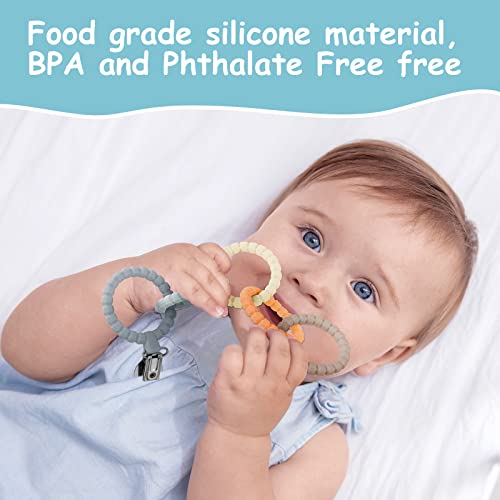 Vicloon Silicone Teether Rings, Baby Teether Rings, Baby Teether Link with Pacifier Clip, Attachable Teether Chew Toy for Babies, BPA Free Teething Relief Baby Chew Toys, Sensory Teething Ring