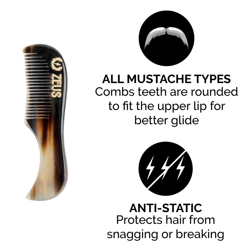 ZEUS Handmade Anti-Static Natural Horn Comb Set for Mustache, Beard, and Hair - Best 3 Piece Set - Medium and Fine Teeth