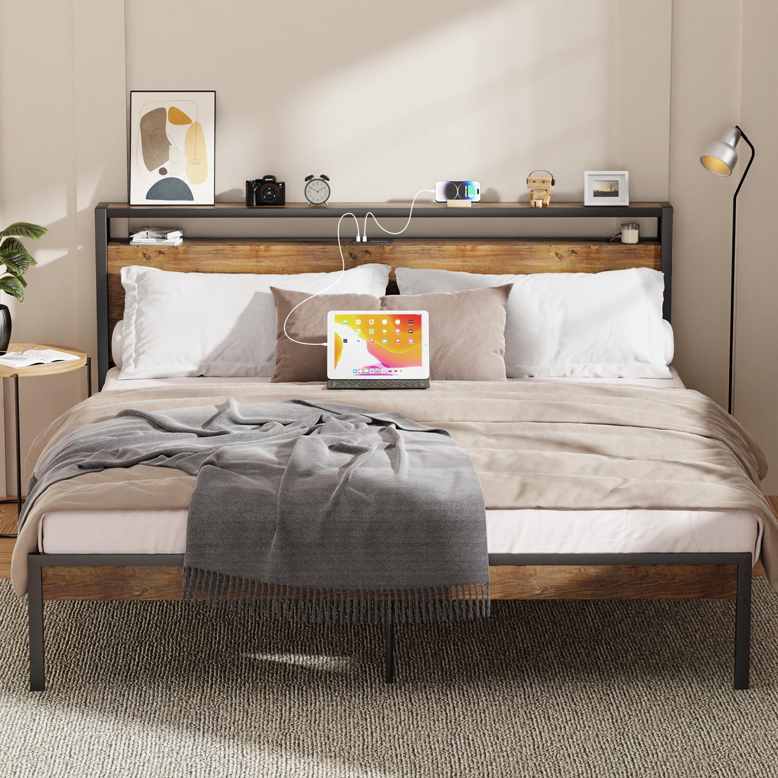 Zevemomo King Bed Frame, King Size Metal Platform Bed Frame with 2-Tier Storage Wood Headboard and Power Outlets, USB Ports Charging Station/No Box Spring Needed/Noise-Free/Easy Assembly/Brown