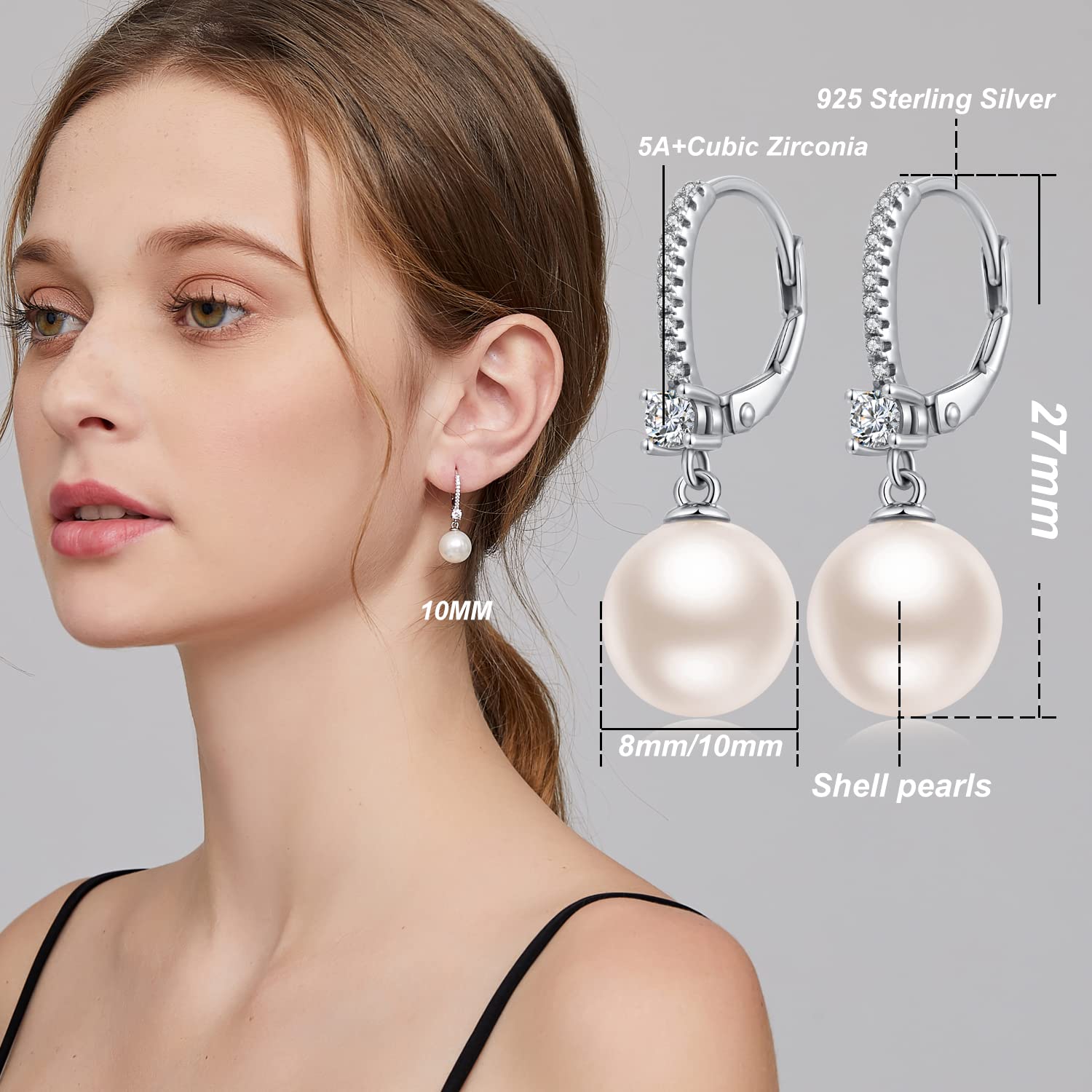 ZowBinBin 925 Sterling Silver 10mm Pearl Earrings, Beautiful Black Pearl Earrings, White Pearl Dangle Earrings Hypoallergenic Drop Pearl Earrings C: Pearl Dangle Earrings 8mm