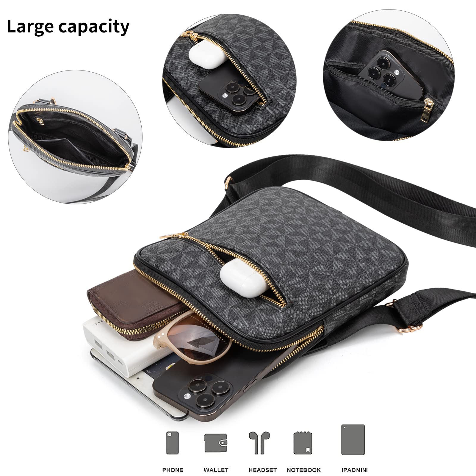 XIKIBEA Crossbody Bag for Mens, Men's commuter shoulder bag, Travel bag Work Business Small men's satchel (黑色)