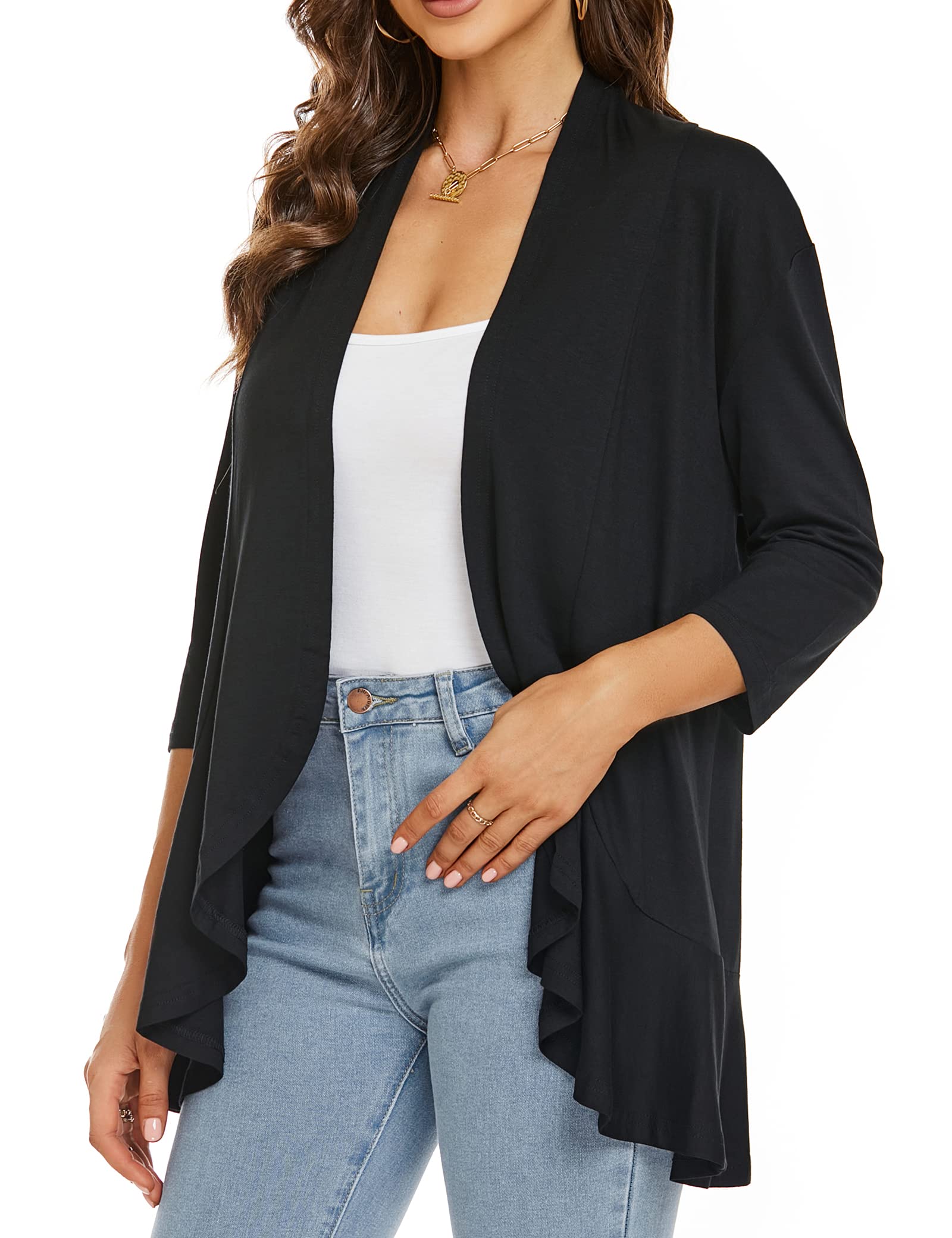 YnimioAOX Women's Open Front Cardigan 3/4 Sleeve Solid Casual Kimono Sweater Coat,X-Large,N20-autumn black