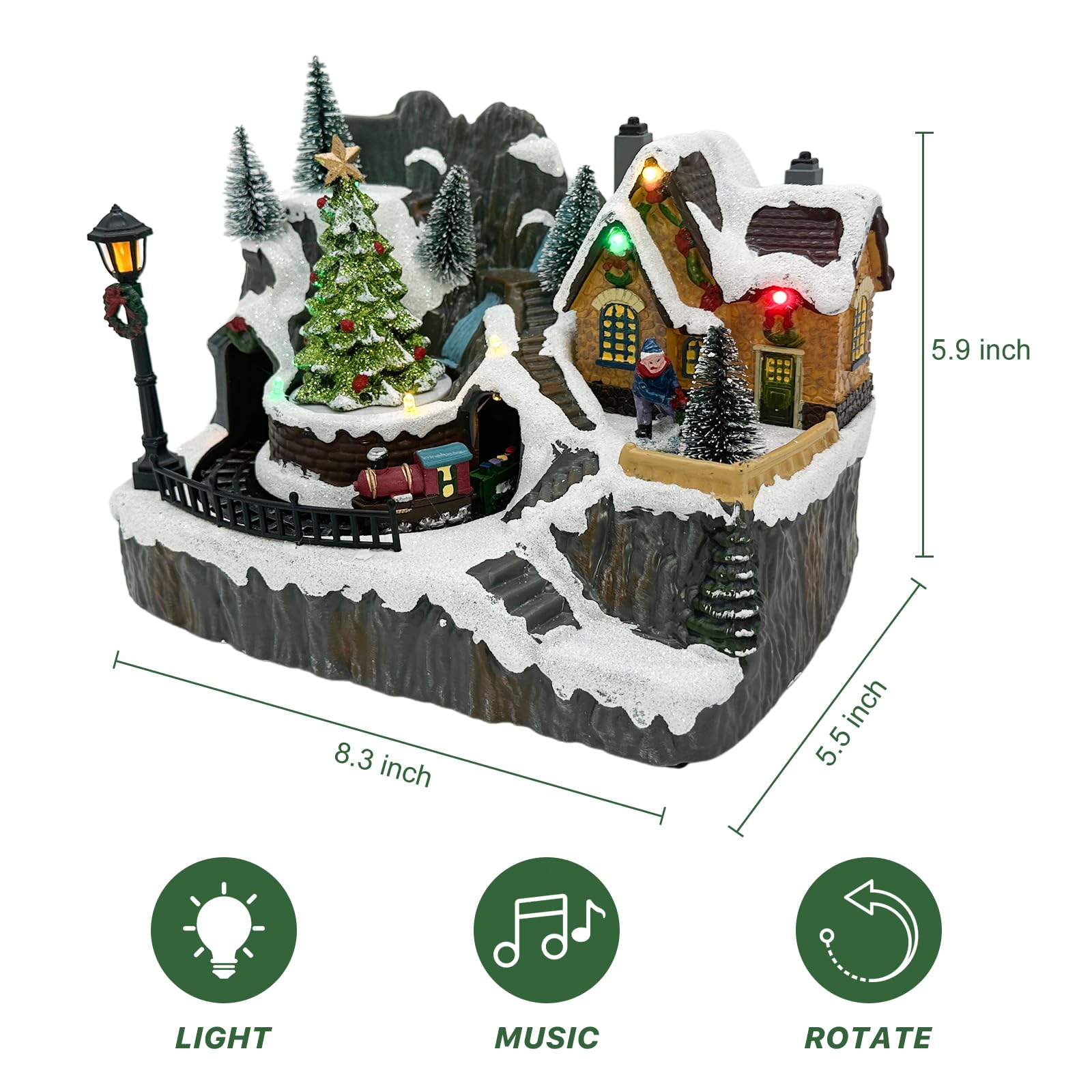 Tarocynn Christmas Village House Christmas Tree Figurine with Music and Light, Moving Tree and Train Christmas Display Indoor Decorations