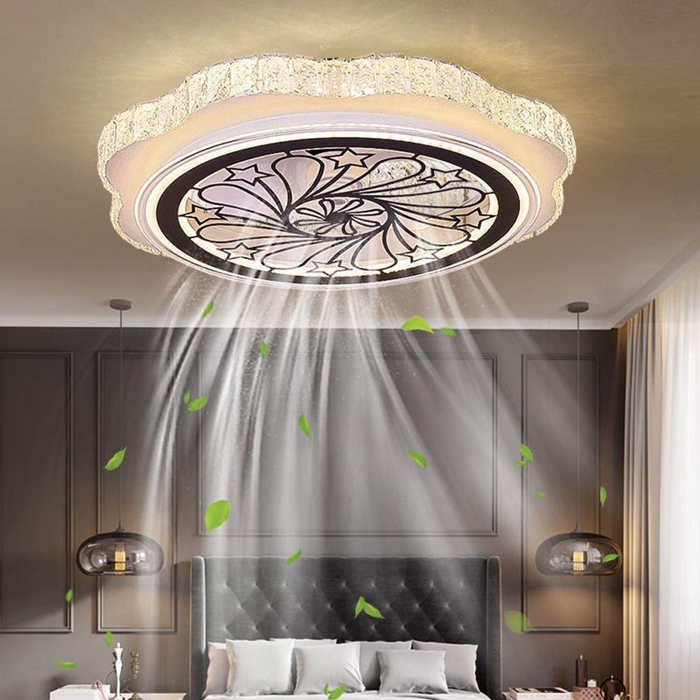 ZRWZZ Fan Light, Modern Invisible Bedroom Fan Lamp, Ceiling Fan with LED Lighting, Ultra-Silent 64W Dimmable Crystal Ceiling Light