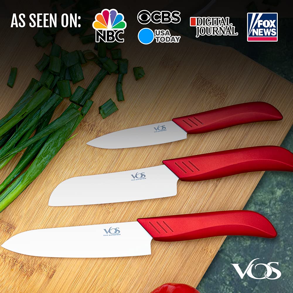 Vos Universal Knife Block and Ceramic Kitchen Knives With Covers, Ceramic Paring Knife 4", 5", 6" Inch Red