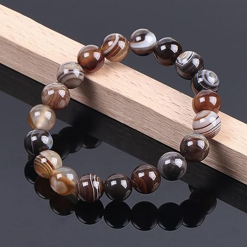 Xileg Natural Round Gem Stone Onyx Men Bracelets Bangle 10 mm Brown Stripe Ethnic Rosary Energy Beads Prayer Wristband Coffee
