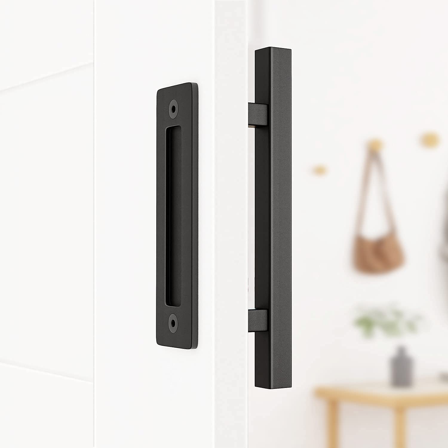 WINSOON Square 12" Sliding Barn Door Handles Pull Black with Flush Finger Hardware, Large Rustic, Pull and Flush Barn Door Handle Set, Suitable for Gate Garages Cabinet