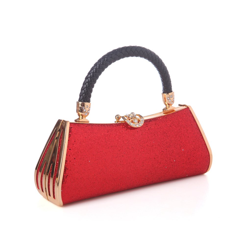 Womens Evening Bag with Rhinestone Top Handle Evening Clutch for Party Weeding Red
