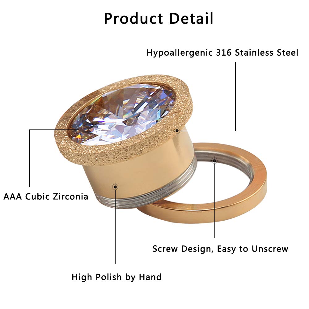 ZS Rose Gold Stainless Steel Screw Big Cubic Zirconia Ear Gauges Plugs Tunnels Expander Body Piercing (Gauge=00g(10mm))