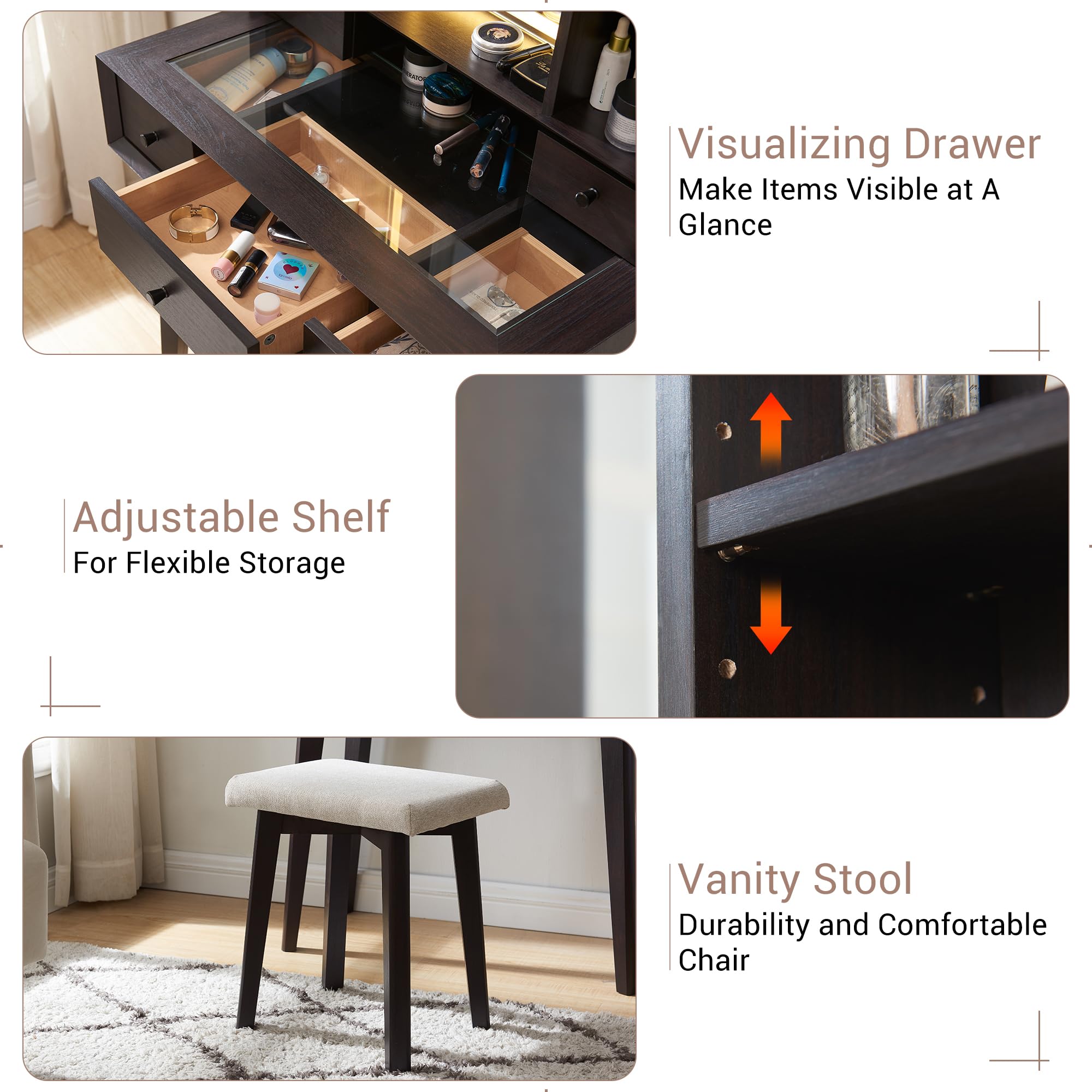 T4TREAM Vanity Desk with Mirror and Lights,Makeup Vanity Table Set with Visual Drawers,Cushioned Stool and 3 Color Lighting Modes,42 inch Dressing Table for Bedroom Women Girls,Espresso