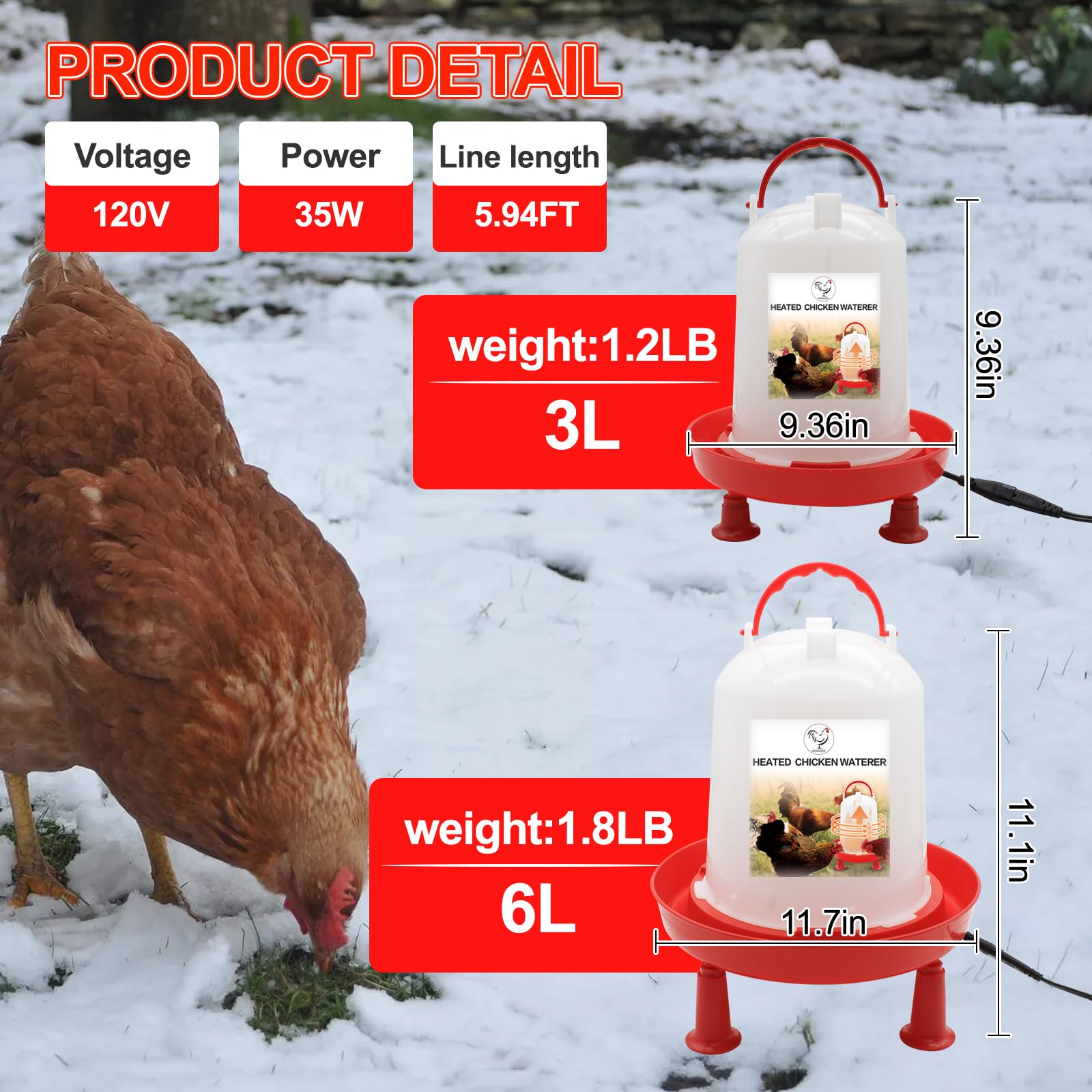 WISMOIER Heated Chicken Waterer - 35W Constant Temperature Heated Plastic Poultry Fountain with 2 Adjustable Heights - 3L Poultry Waterer for Chicken Coop Accessories in Winter