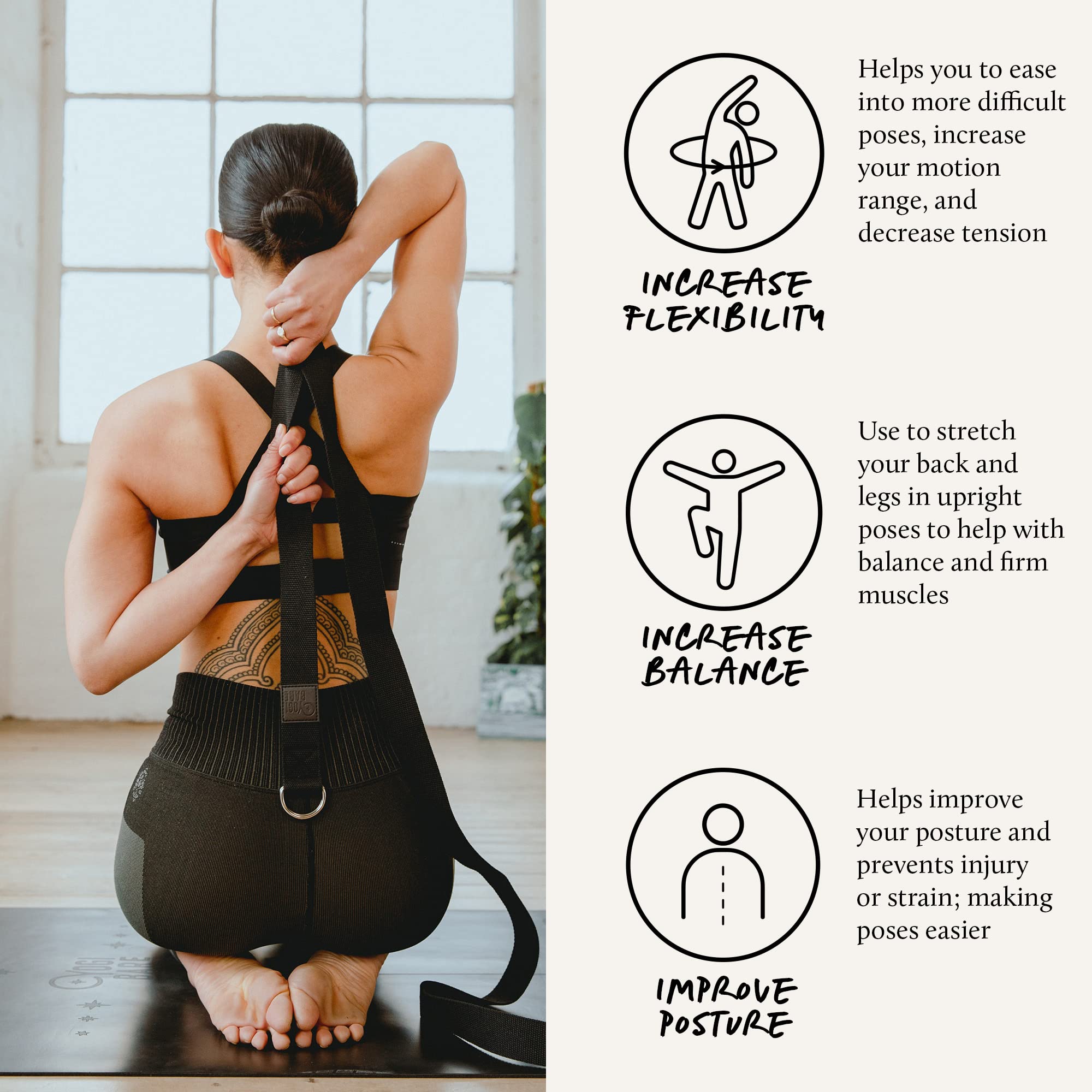 Yogi Bare Yoga Strap for Stretching - Yoga Accessories & Equipment - Ligament Stretching Belt & Stretch Band with Double D-Ring Loops - Black