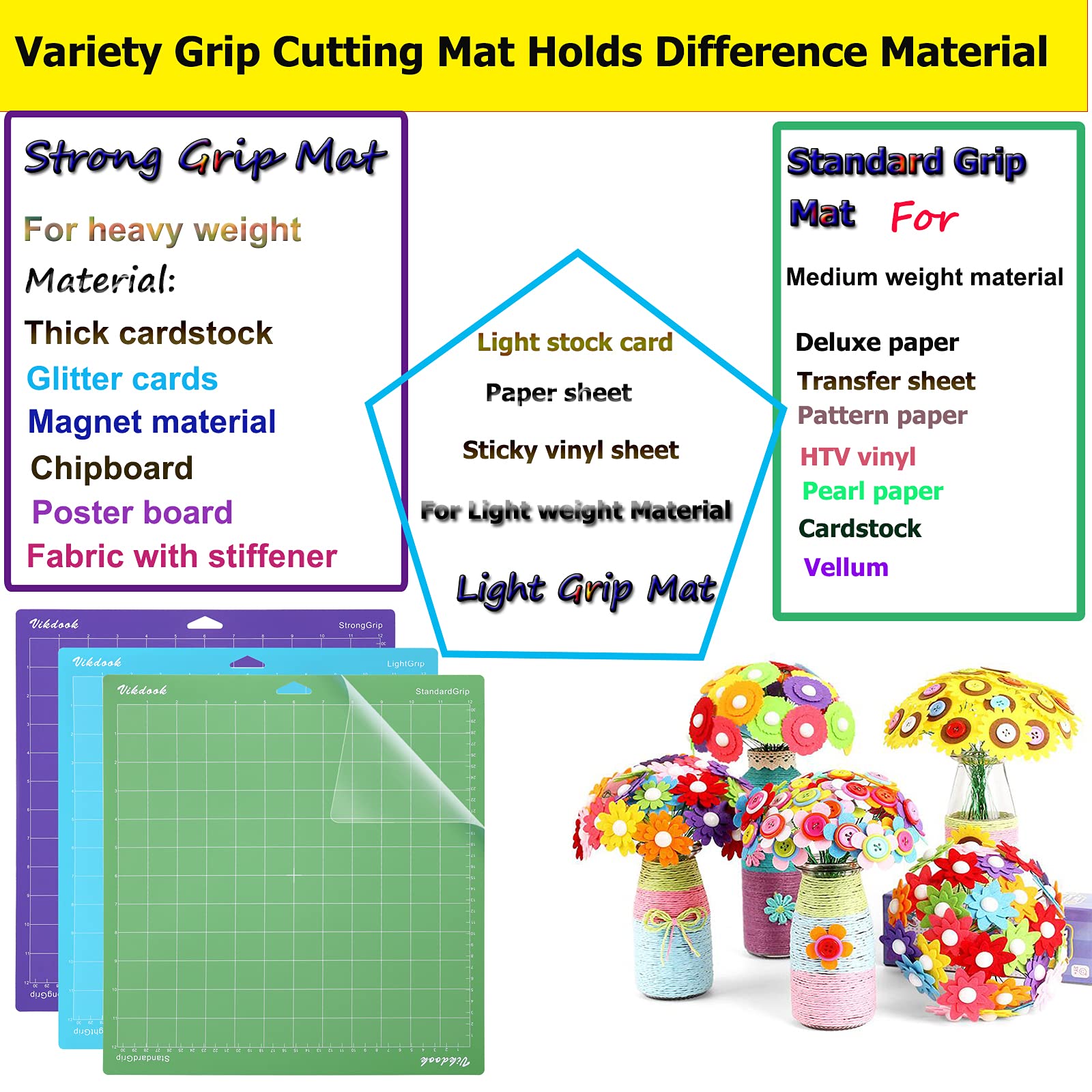 VIKDOOK Cutting Mat for Cricut Joy 4.5βX6.5β Variety Grip Sticky Cutting Mat Pack Blue Light Grip Green Standard Grip Purple Strong Grip 3 Mats Pack