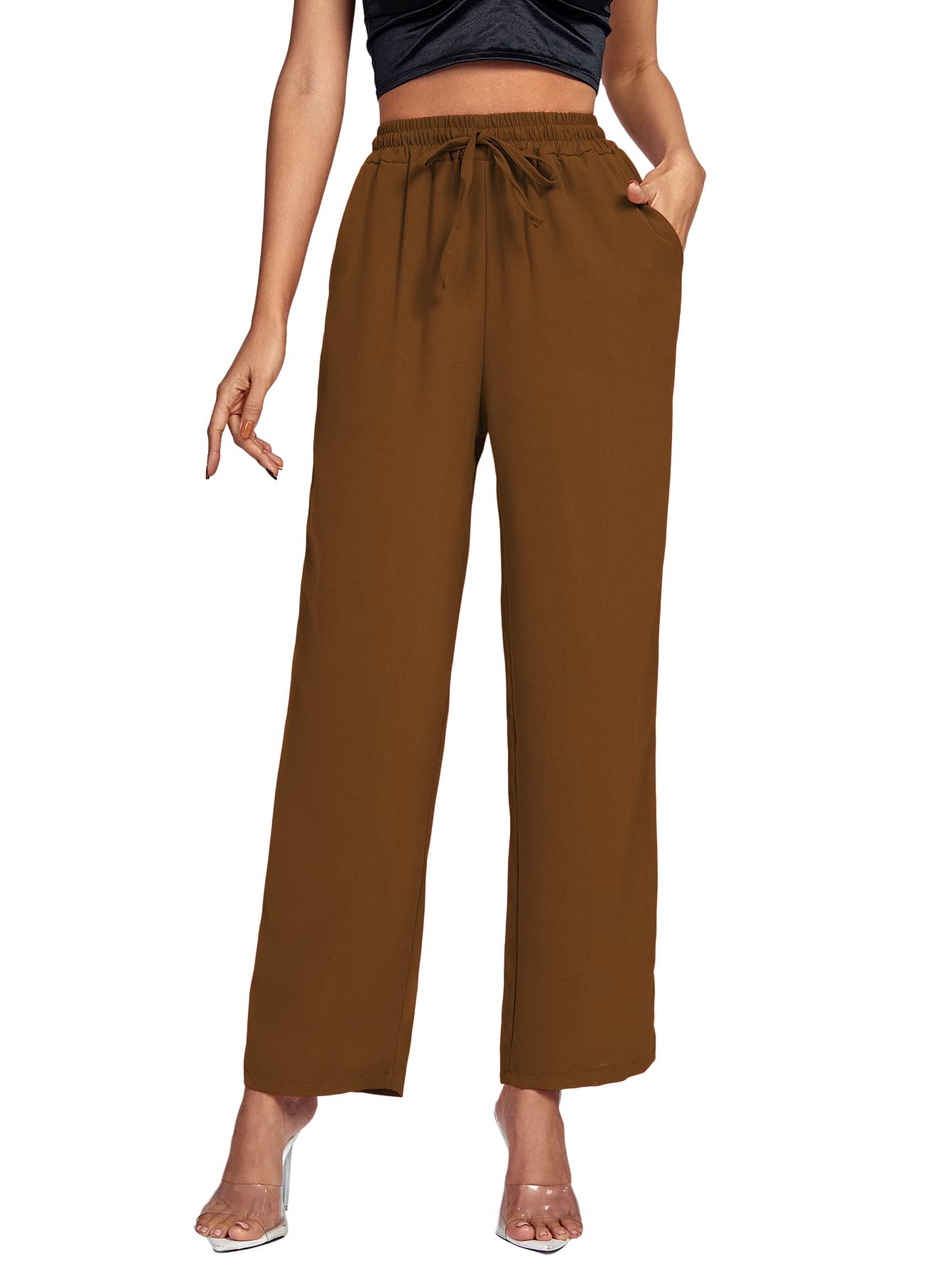 Umenlele Women's Casual Drawstring Elastic High Waist Pants Sport Yoga Jogger Trousers with Pockets Brown Large