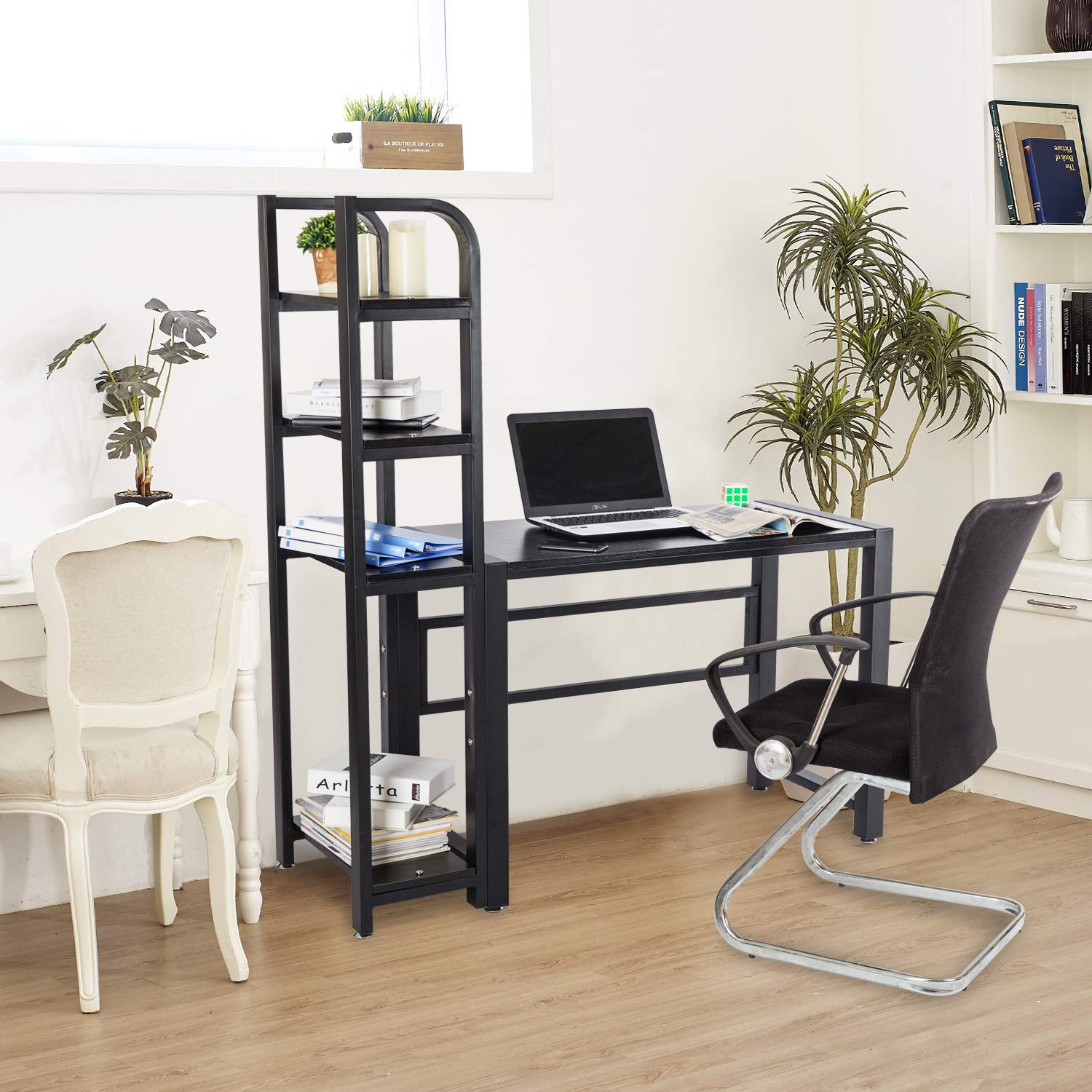 Zhanrui Computer Desk with 4 Tier Storage Shelves Modern Large Office Desk Computer Table Multi Level Writing Study Table with Bookshelf and Tower Shelf for Home Office Workstation,Black