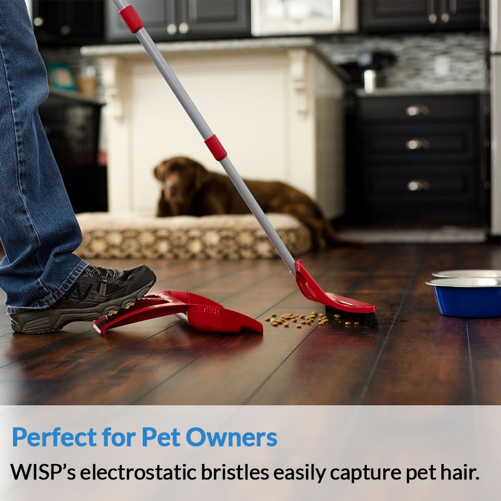 WISP Broom and Dustpan Set for Home, Pet Hair Remover for Carpet, Indoor Outdoor Telescoping Broom Household Cleaning Set, Easy Wall Storage, 52'' Adjustable Handle 3-Piece Patented WISPsystem, Blue
