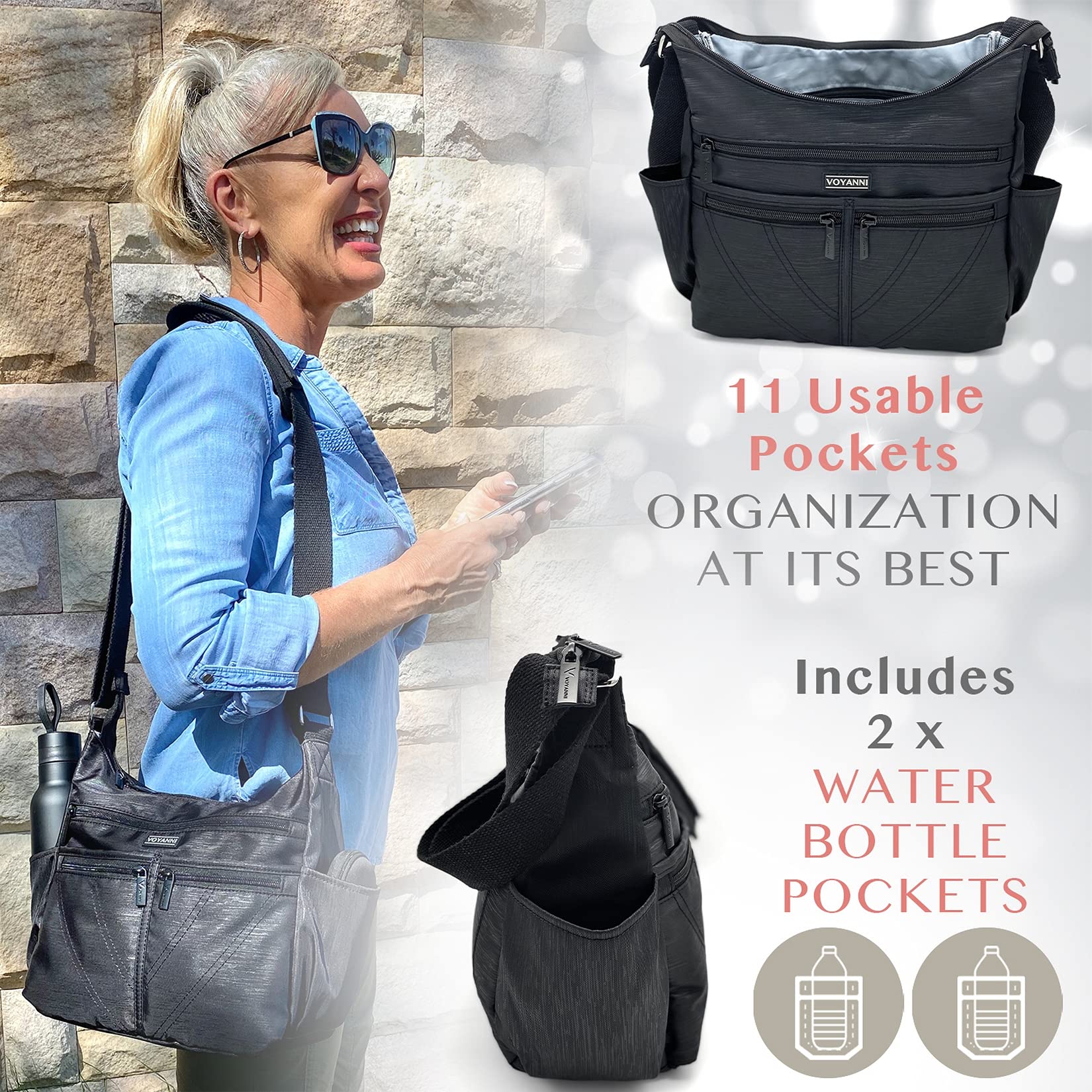 Voyanni Crossbody Bags for Women RFID AntiTheft Travel Purse Multi-Pocket Nylon Lightweight (Black)