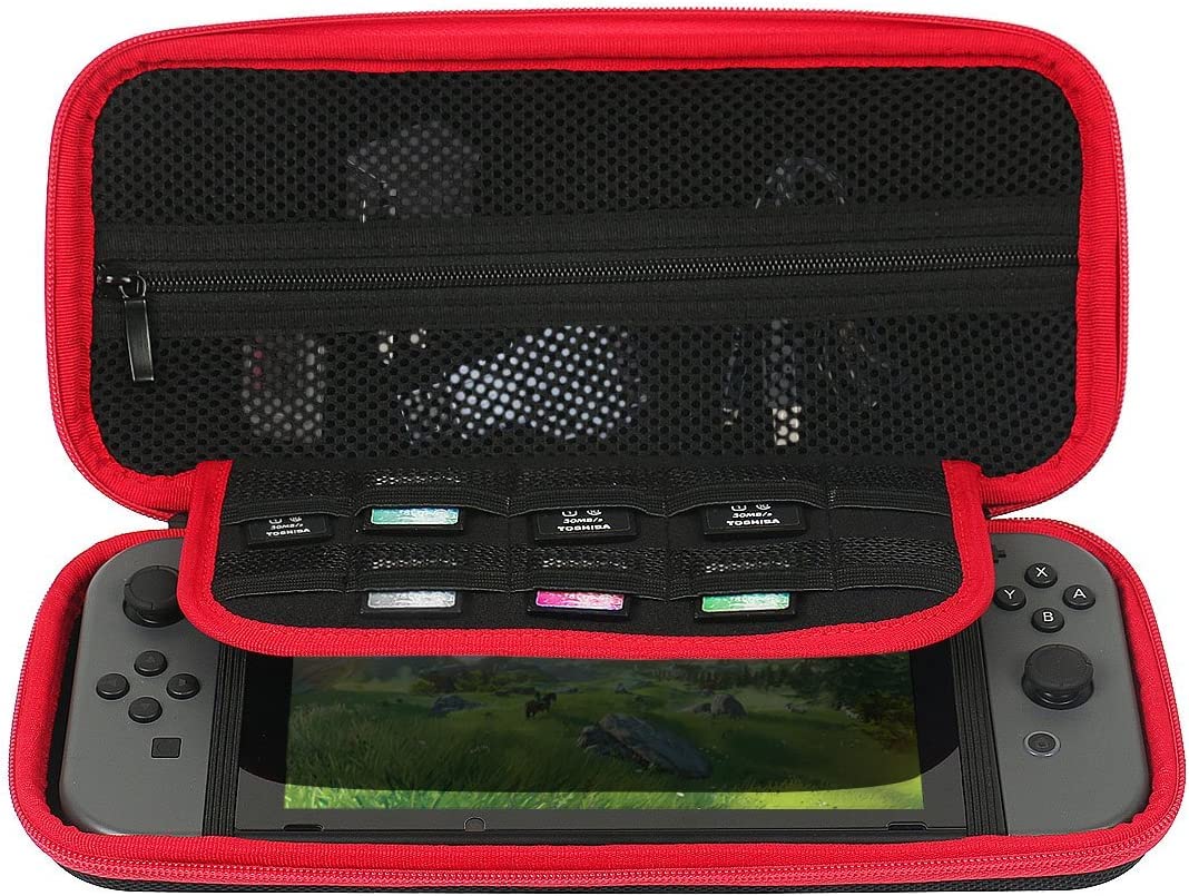 Ztotop Case and Tempered Glass Screen Protector for Nintendo Switch, Portable Travel Carrying Case Slim Protective Hard Shell for Switch Console & Controller Accessories (8 Game Holder), Red