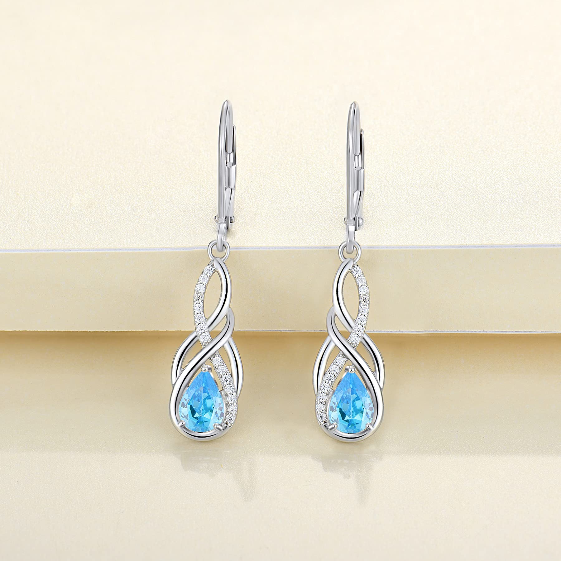 YL Infinity Earrings 925 Sterling Silver Twist Dangle Drop Earring Created Aquamarine Celtic Knot Leverback Jewelry for Women