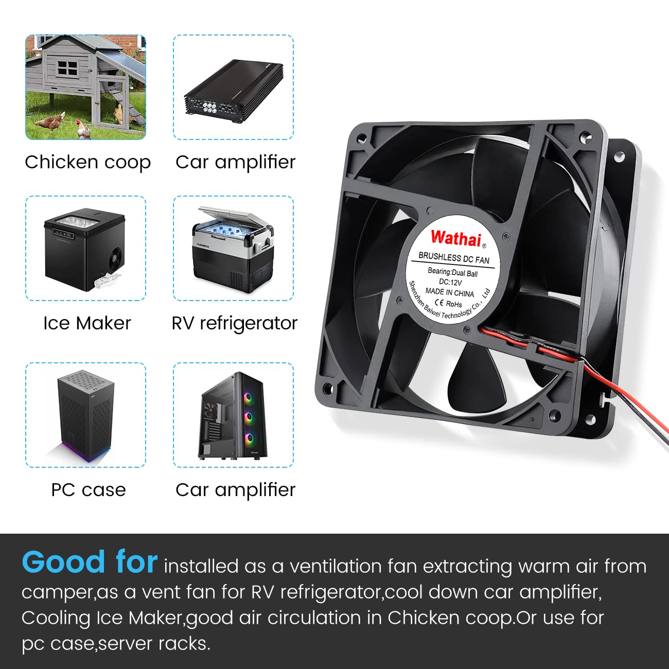 Wathai 120mm x120 x 38mm 12V 2Pin Dual Ball 12cm Industrial Cooling Fan High Airflow