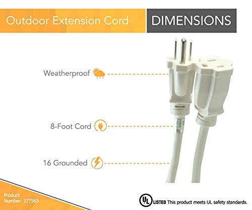 Woods 277563 Outdoor Extension Power Block, Weatherproof with Reinforced Blades, Heavy Duty Vinyl Jacket, Durable Cord, Tangle Free, 8-Foot, White