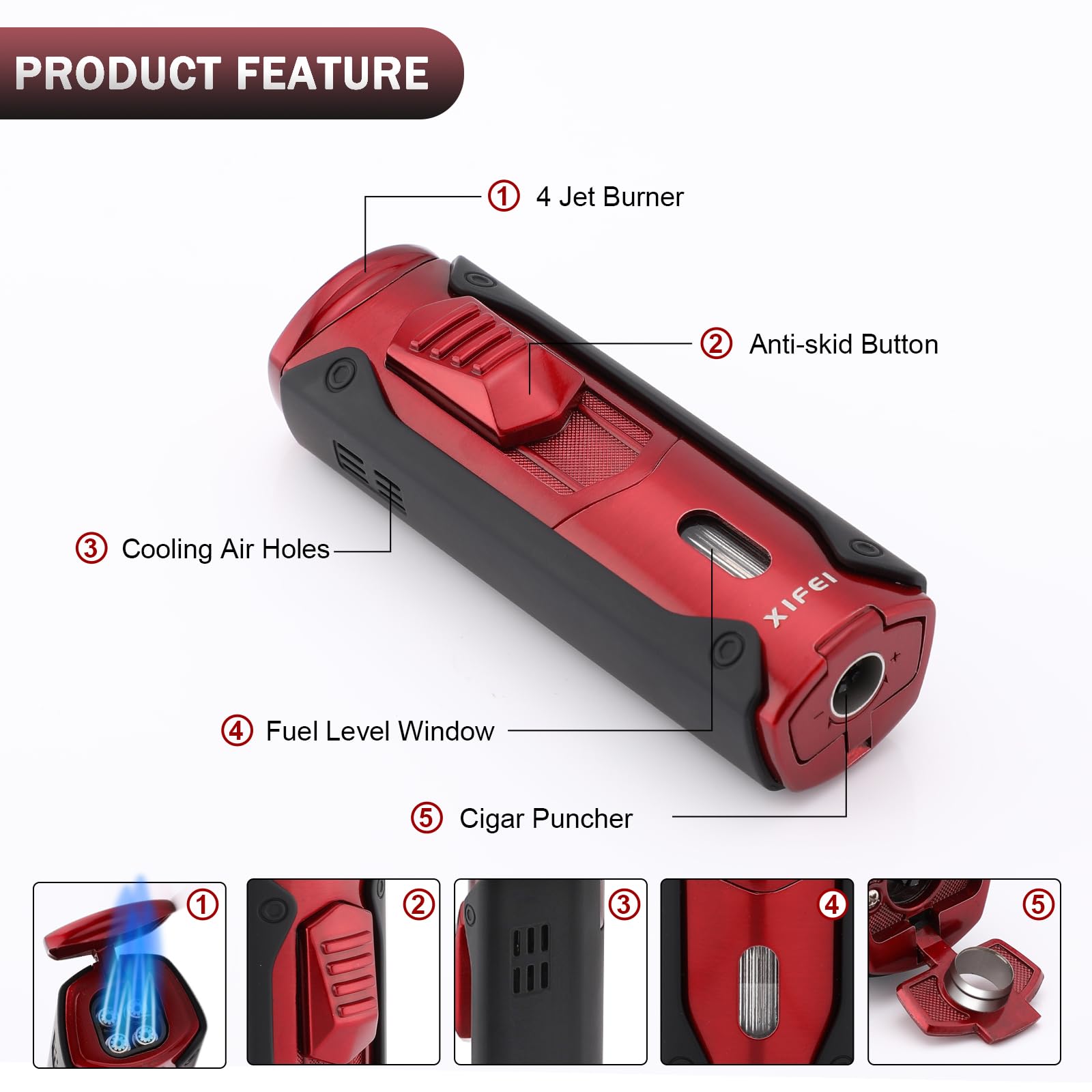 XIFEI Cigar Lighter Jet Flame Refillable Butane Lighter with Cigar Punch (Grey)