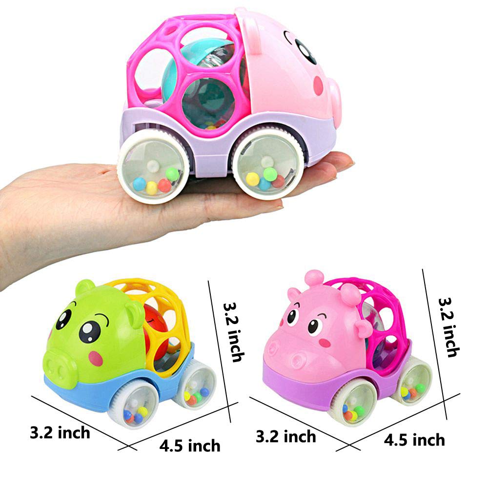 ZHFUYS Rattle & Roll Car,2 Pack Soft Rubber Rattle car 4.5 inch Cute Infant Hand Push Toy car (2 Pack-02)