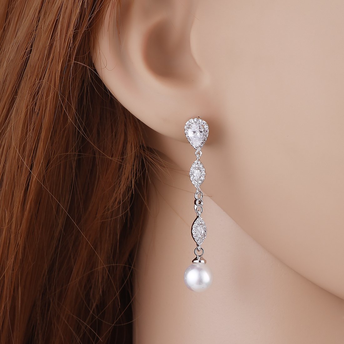 Wordless Love Pear CZ Long Wedding Earrings with Genuine Shell Pearl Drops Earrings