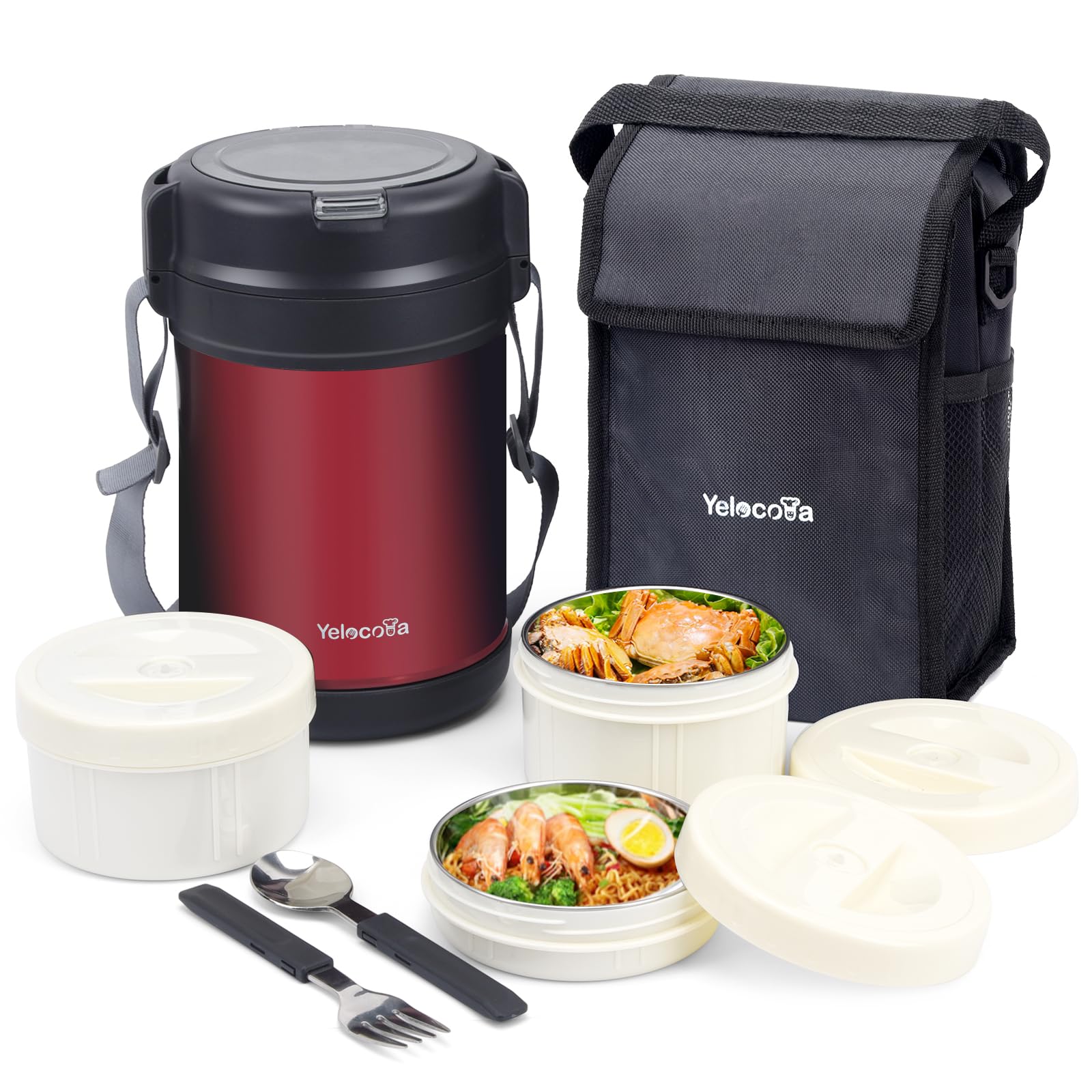Yelocota Thermos for Hot Food- 67 Ounce Wide Mouth Insulated Soup Container- 18/10 Stainless Steel Lunch Food Jar with 3 Tiers Leak-Proof Stackable Thermal Lunch Box,Fork,Spoon and Bag