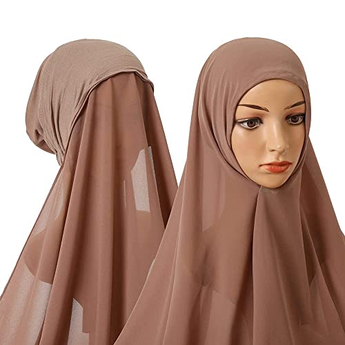 Yeieeo Instant Chiffon Hijab with Undercap Fashion Solid Color Chiffon Head Wraps Under Scarf Caps Muslim Fashion Bandage (Khaki)
