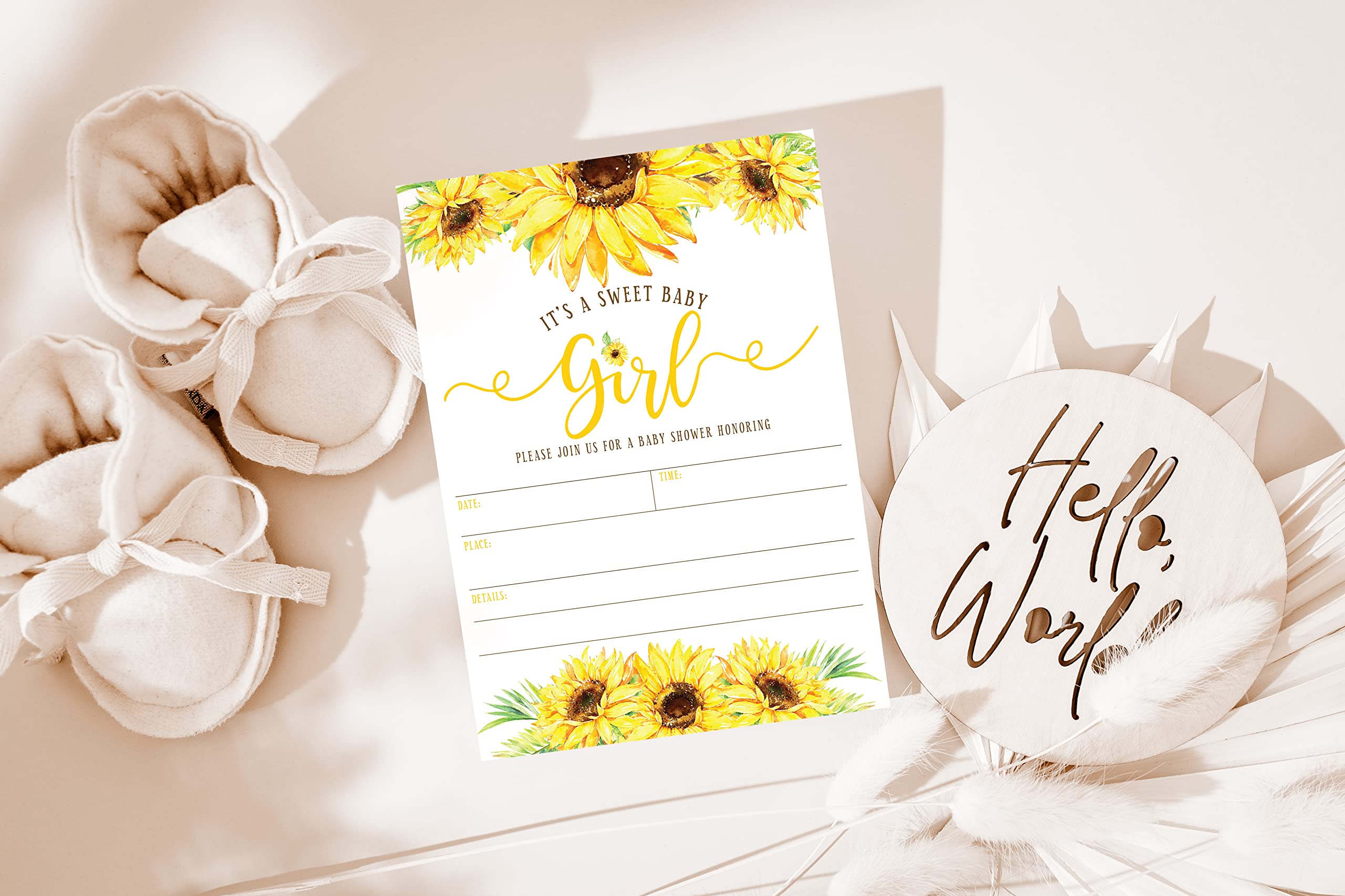 Your Main Event Prints Sunflower Girl Baby Shower Invitations, Yellow Floral Baby Shower Invites with 20 Invitations, with diaper raffles.