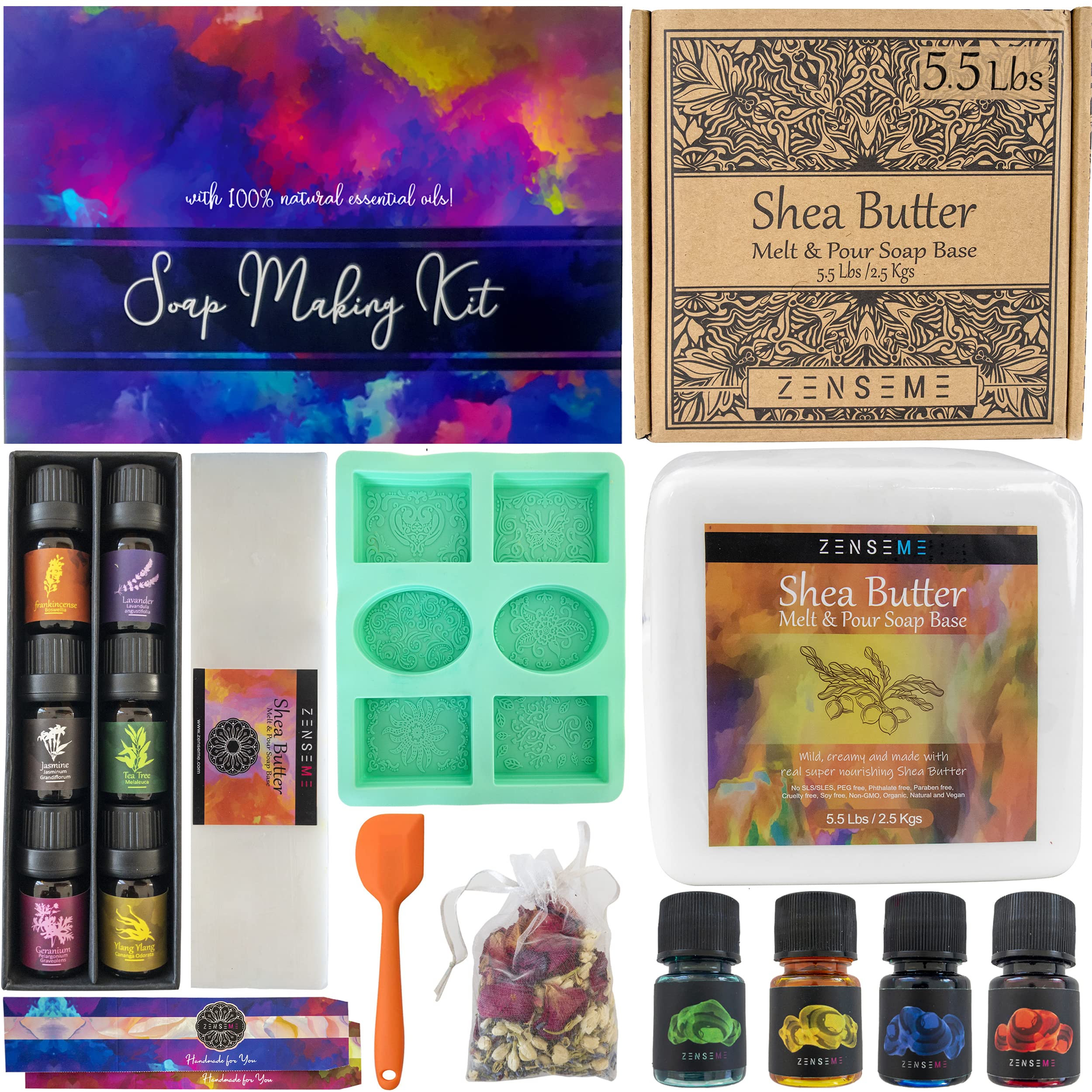 ZenseMe Bundle of Soap Making Kit with 5.5 LB Shea Butter Soap Base Bundle | DIY Melt and pour organic natural supplies for adults, beginners and experts