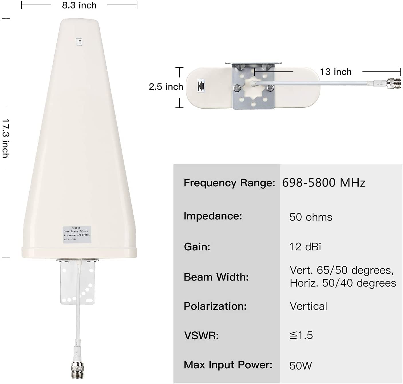 XRDS-RF 12 dBi Wideband Directional Antenna 4G/5G/LTE/Wi-Fi Universal Fixed Mount Outdoor High Gain Lte Antenna (698-5800 MHz)