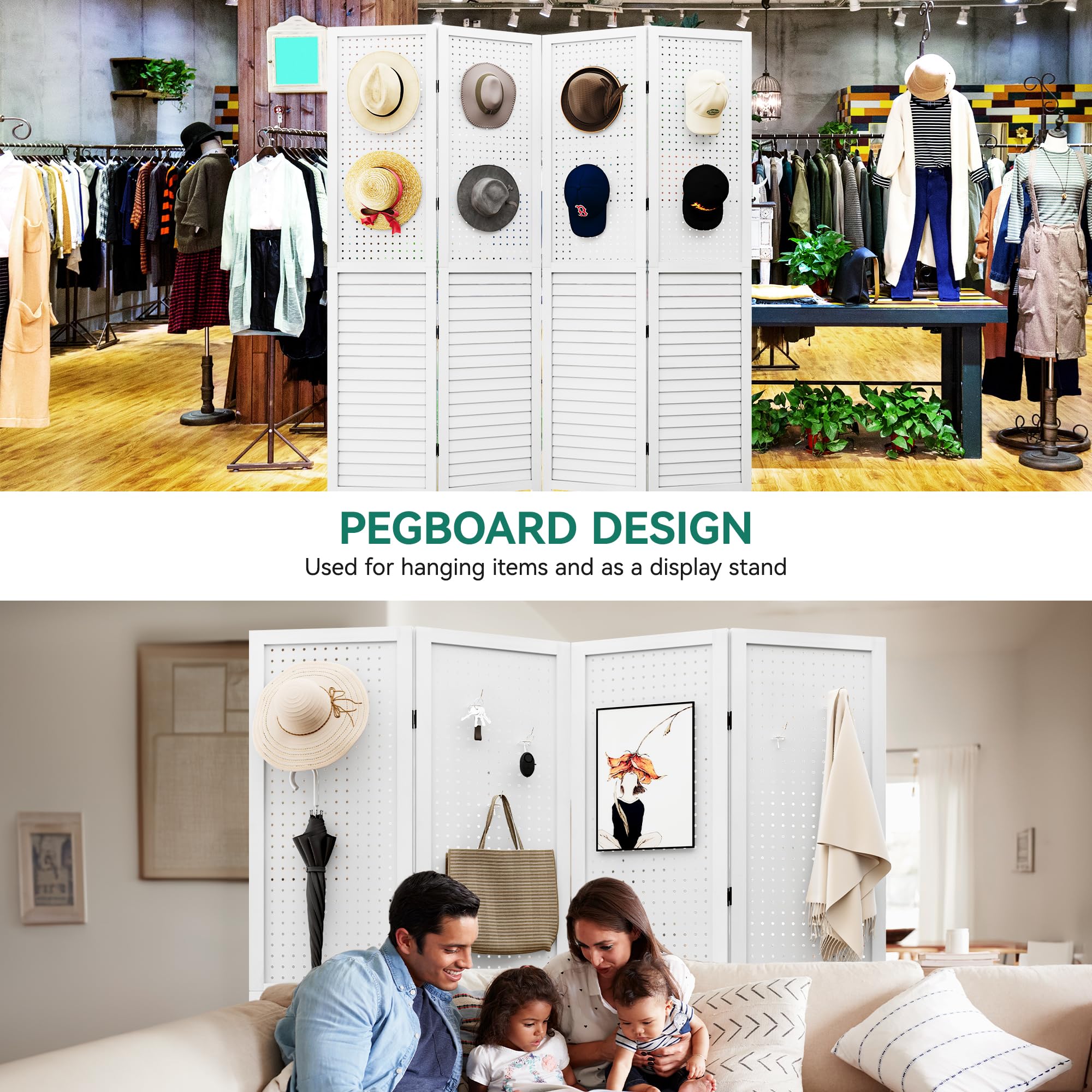 YITAHOME 5.6FT Wood PegBoard Room Divider 4 Panel Folding Privacy Screens and Pegboard Display, Standalone Portable Wall Divider Room Partition for Jewelry, Craft Show, Retail, Bedroom