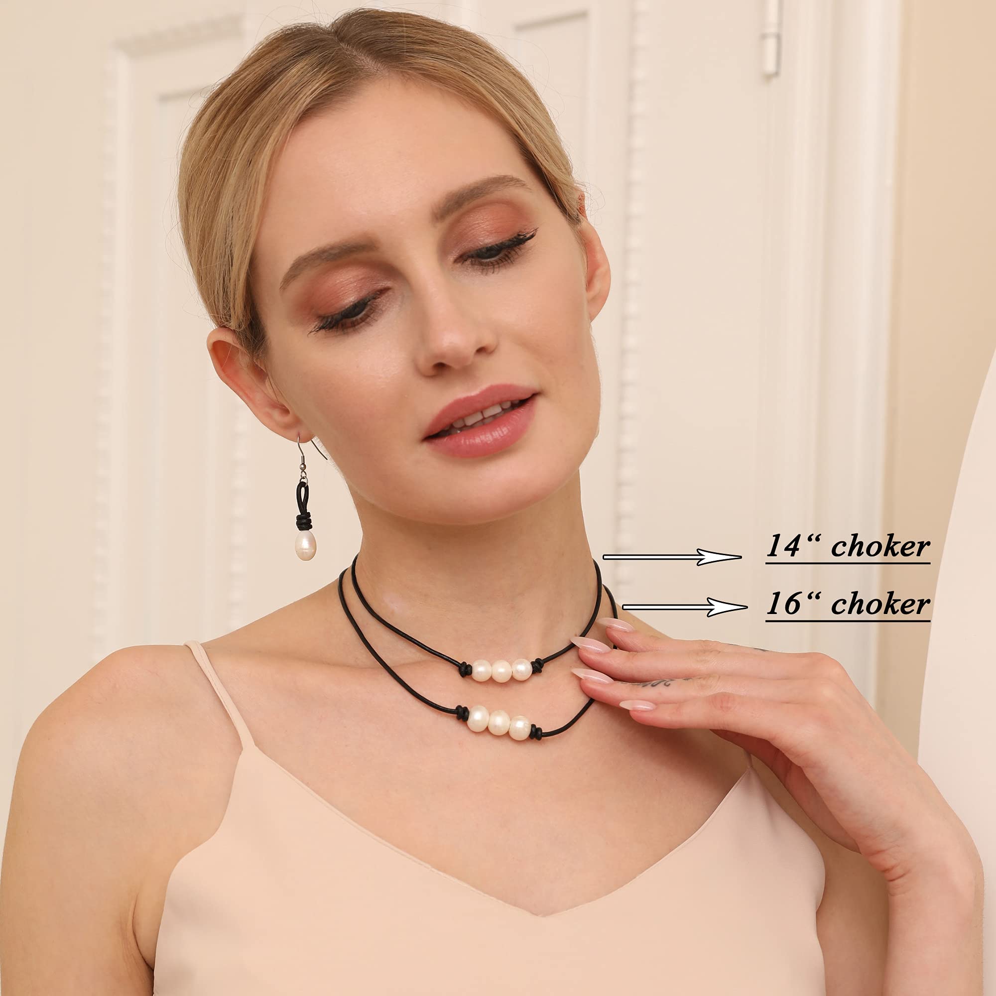 Women White 3 Cultured Freshwater Pearls Choker Necklace on Genuine Leather Cord Knotted Jewelry-Black 14"