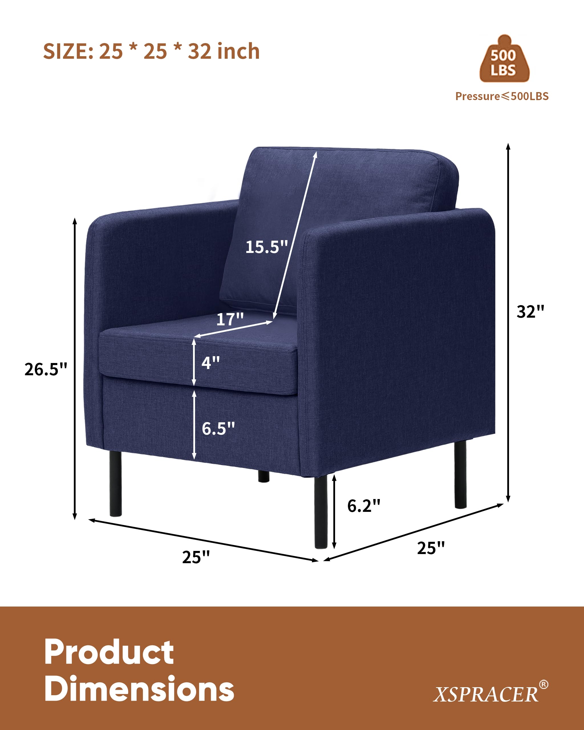 XSPRACER Accent Chairs, Comfy Sofa Chair, Armchair for Reading, Living Room, Bedroom, Waiting Room, Linen, Navy Blue