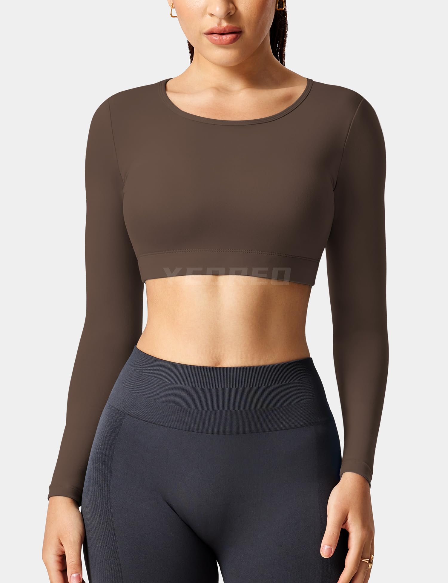 YEOREO Ultimate Workout Crop Tops for Women Long Sleeve Open Back Shirts Padded Bra Backless Yoga Gym Tops Coffee M