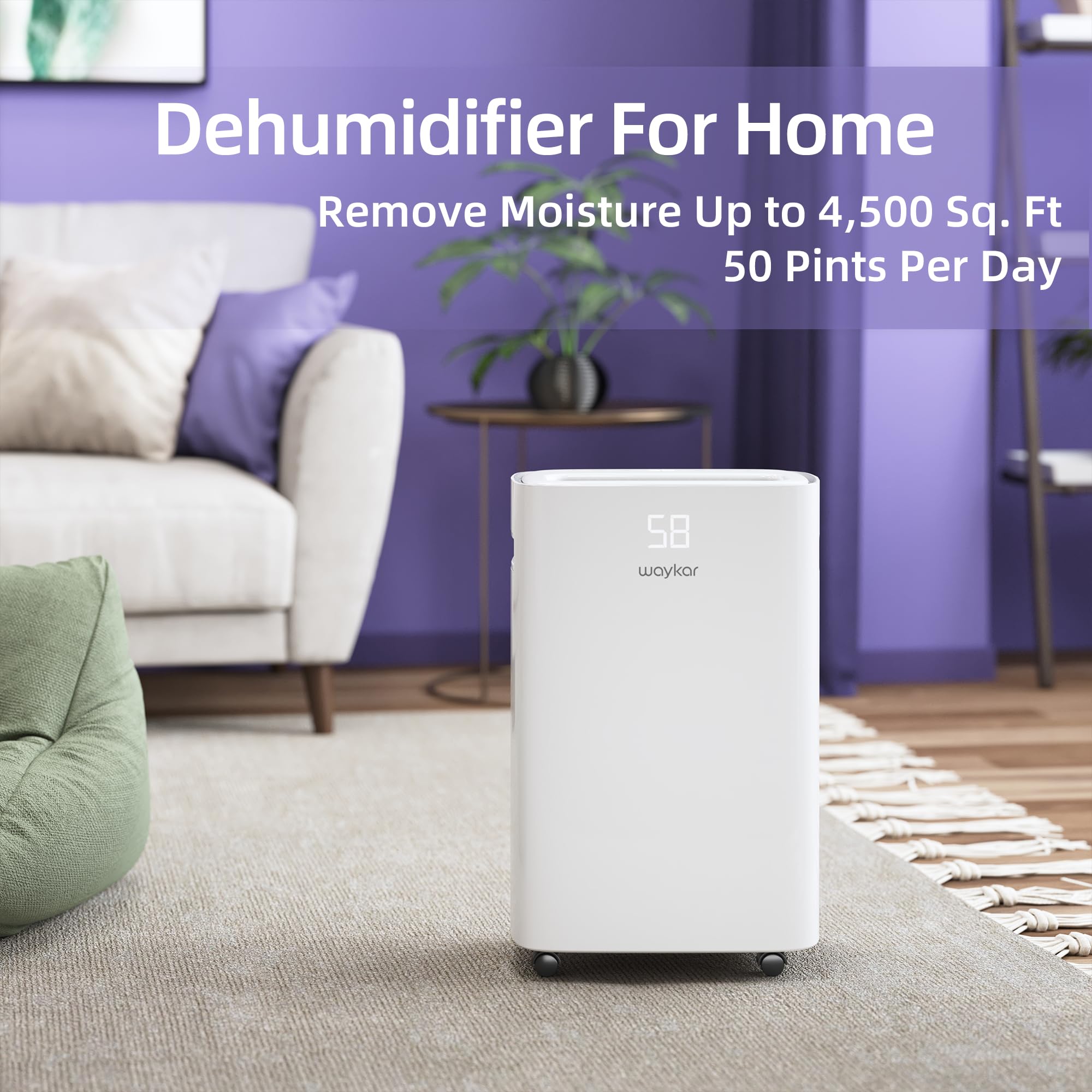 Waykar 2000 Sq. Ft Dehumidifier for Home Basements Bedroom with Drain Hose and Intelligent Humidity Control, Continuously Removes 5 Gallons of Moisture/Day, New Version