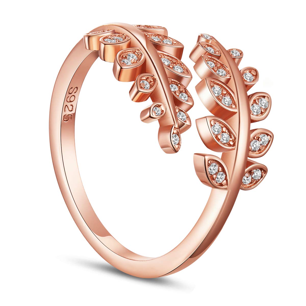 TINYSAND Women's 925 Sterling Silver with 18K Rose Gold Plated Wrap Around Olive Leaf Branch Ring, Paved Cubic Zirconia Stone Adjustable Stackable Open Ring
