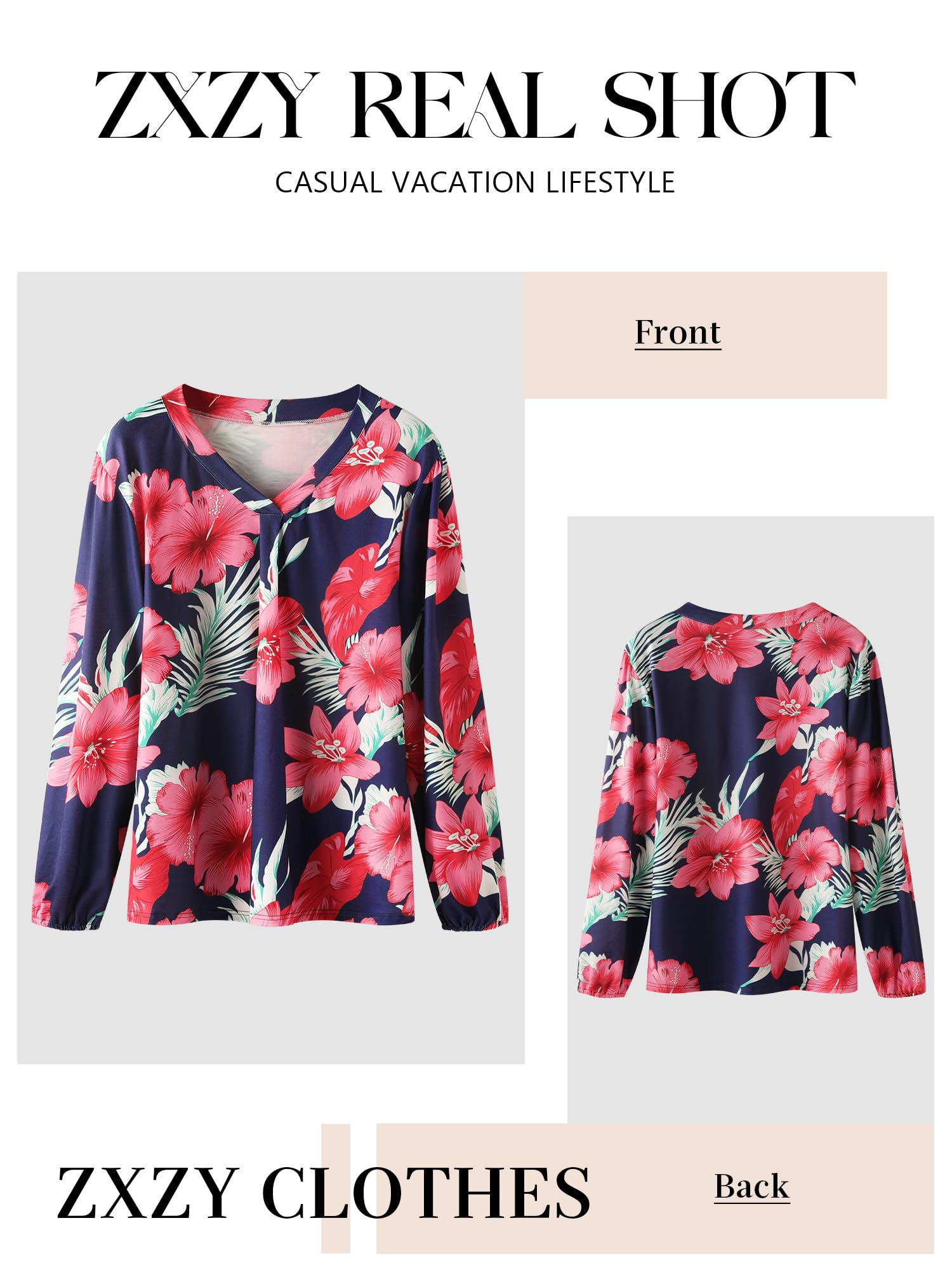 ZXZY Womens Hawaiian Shirt Vintage Leaf Floral Printed Tropical Tops V Neck Puff Long Sleeves Shirts Blue