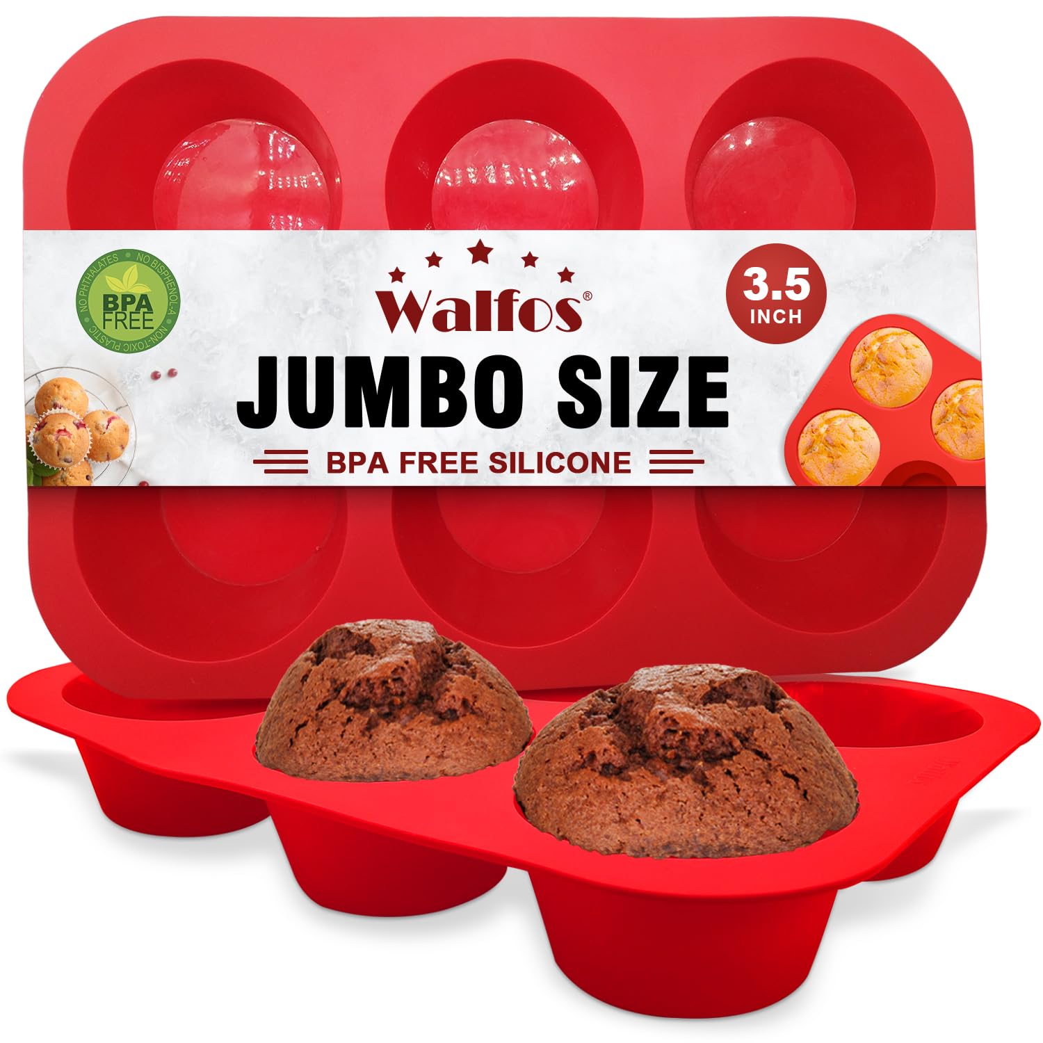 Walfos Silicone Texas Muffin Pan Set- 6 Cup Jumbo Silicone Cupcake Pan, Non-Stick Silicone, Just PoP Out! Perfect for Egg Muffin, Big Cupcake - BPA Free and Dishwasher Safe, Set of 2
