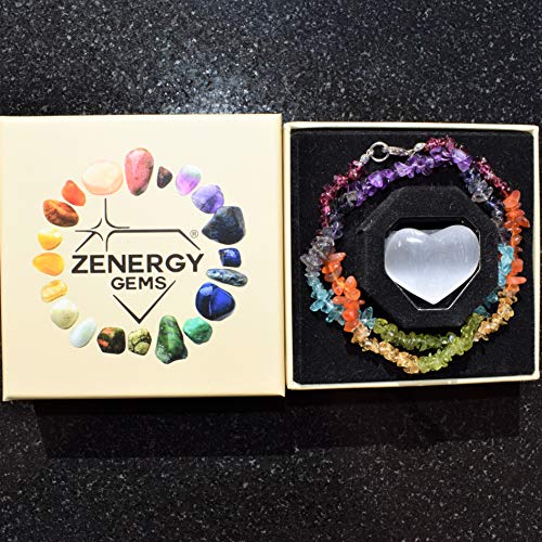 Zenergy Gems CHARGED 7 Chakra Necklace 18" Premium Tumble Polished Crystal Gemstone Chips Necklace (Amethyst, Iolite, Blue Apatite, Peridot, Citrine, Carnelian Agate, & Garnet) + Selenite Heart