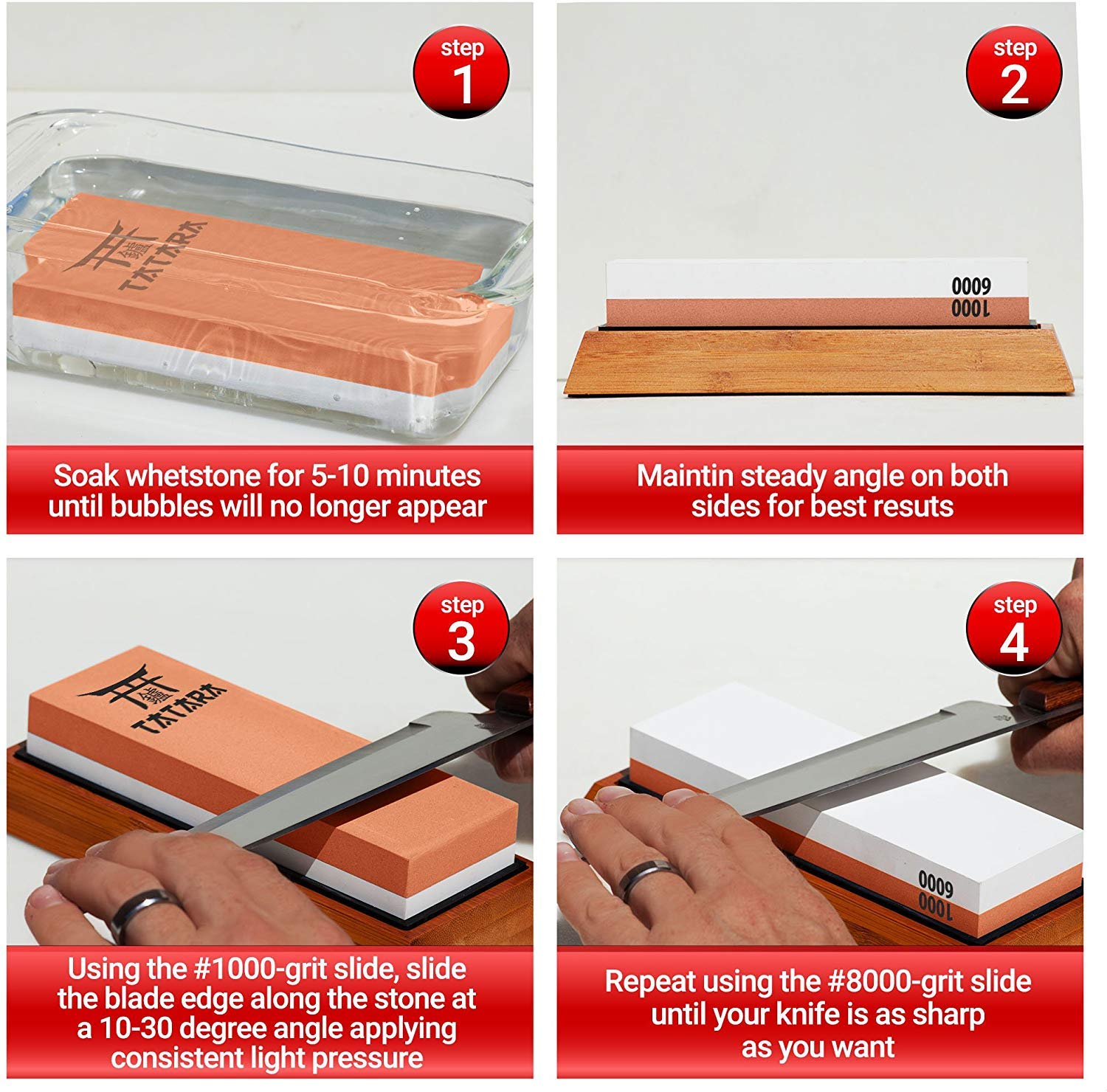 TATARA | Japanese Whetstone 1000/6000 Grit | Double Sided Knife Sharpening Stone With Honing Guide | Non-Slip Bamboo Base | Best Waterstone Sharpener