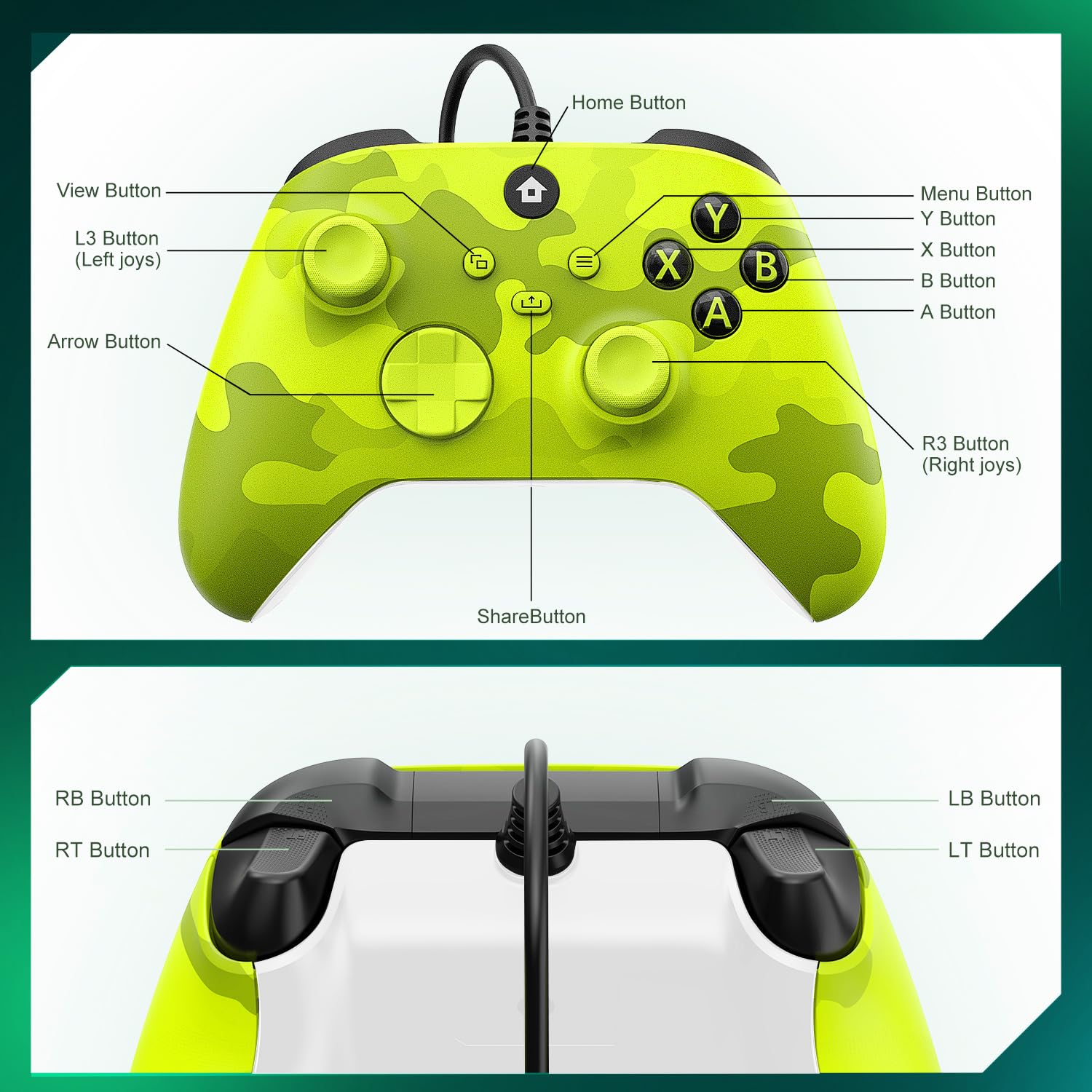 XUANMEIKE Wired Controller for Xbox Series X|S, Game Controller, Gamepad, Compatible with Xbox One, Xbox Series X/S, Windows 7/8/10/11 (Camo Electric Volt)
