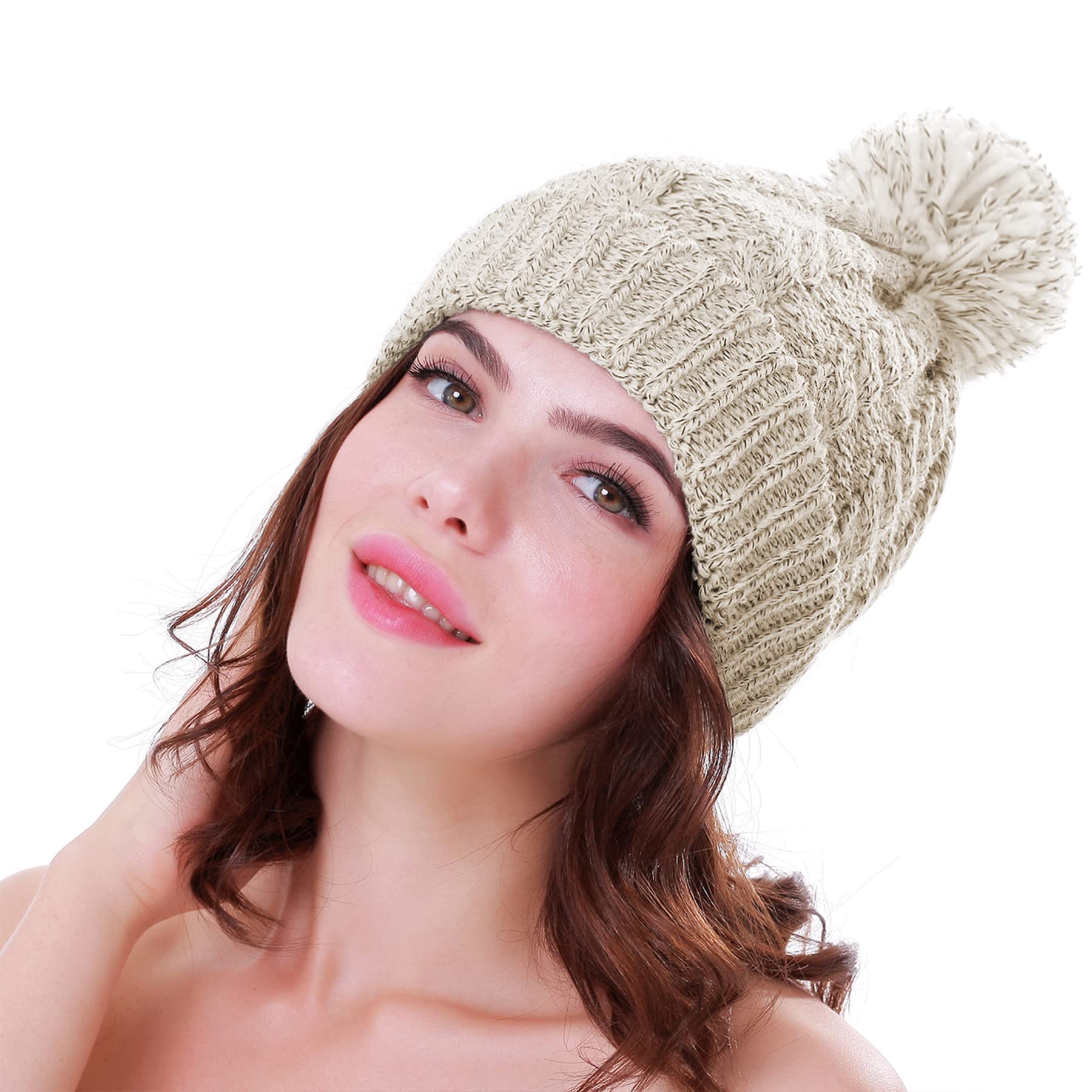Women's Winter Beanie Warm Fleece Lining - Thick Slouchy Cable Knit Skull Hat Ski Cap(Black)